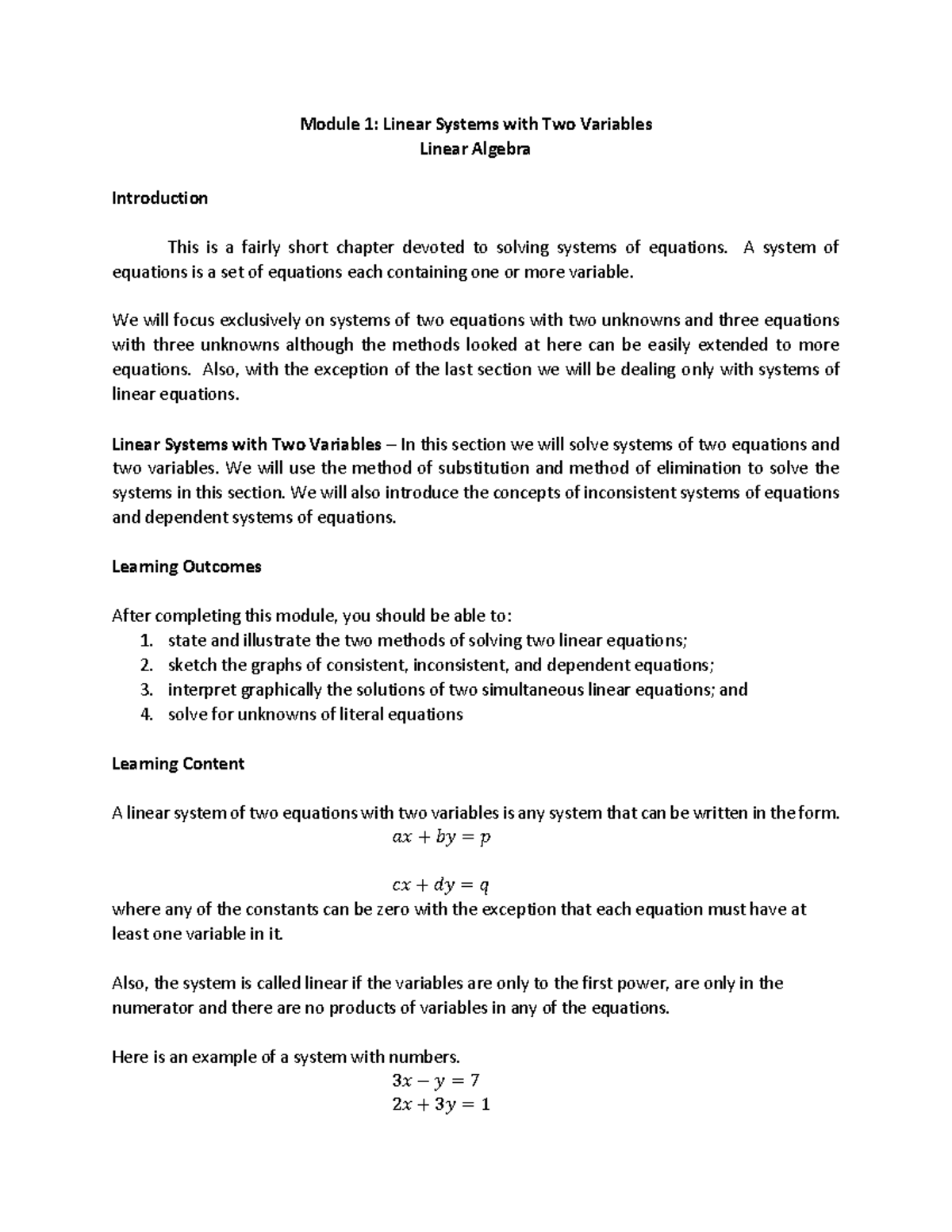 Linear Algebra: Module 1a - Solutions of Linear Systems with Two ...