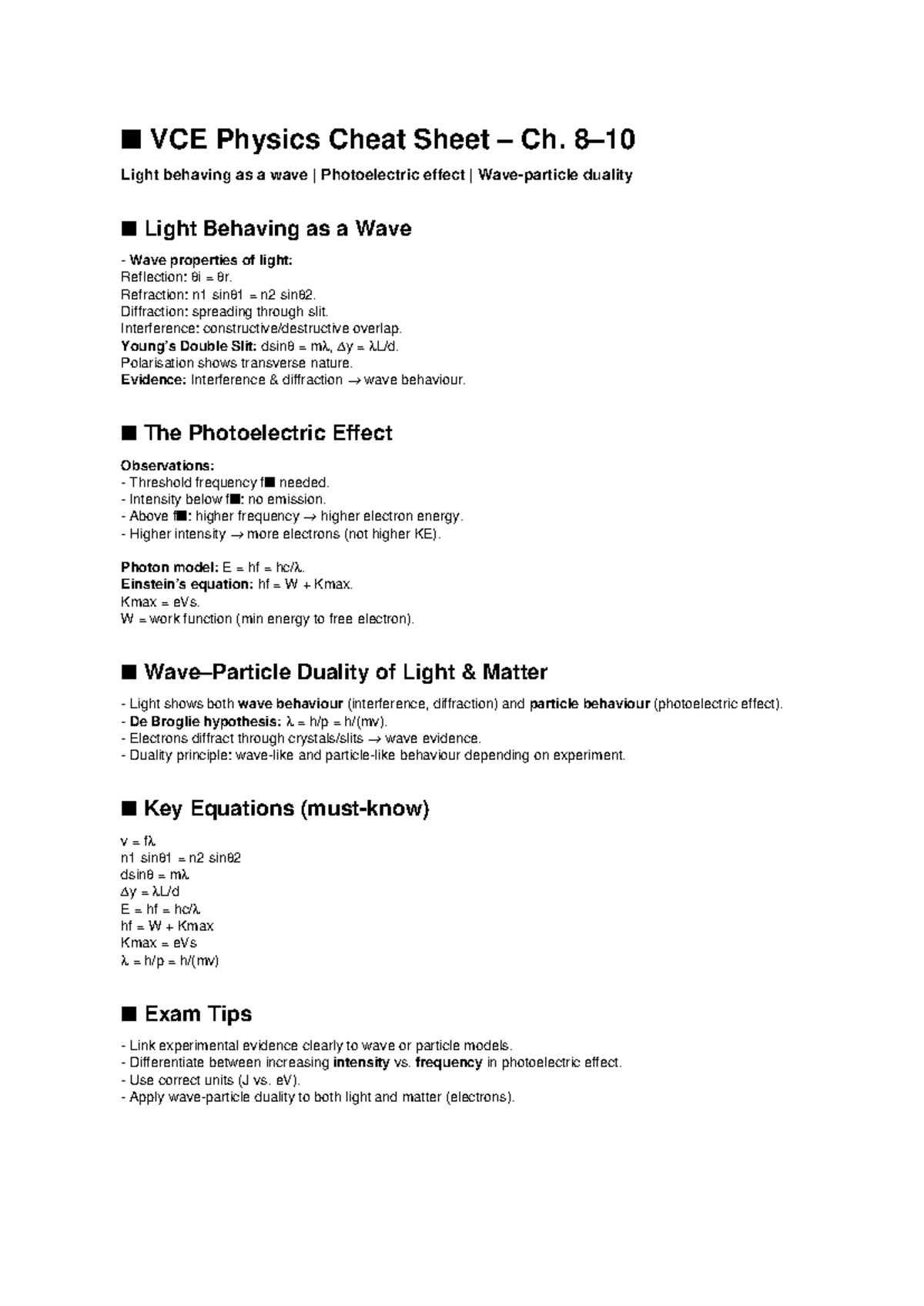 VCE Physics Cheat Sheet: Light Wave Behavior & Photoelectric Effect - Studocu