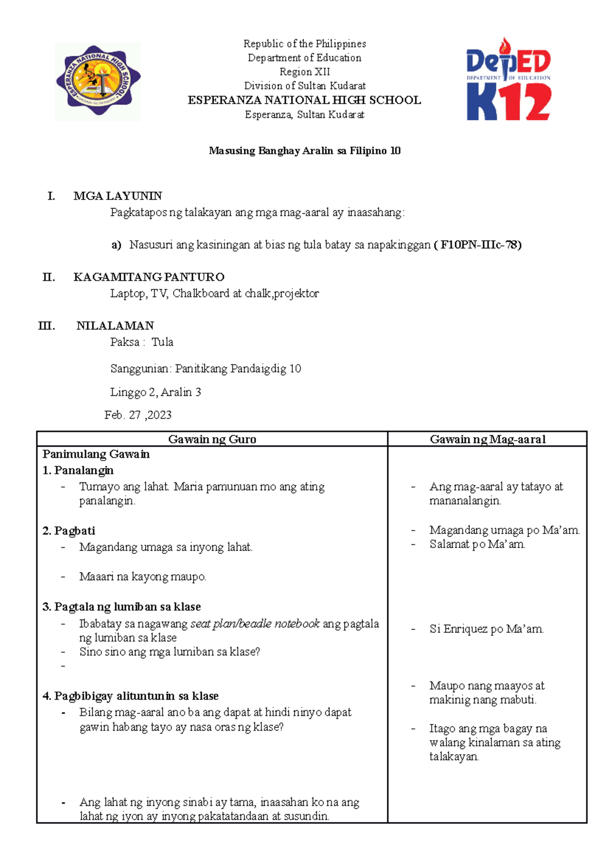 Masusing Banghay Aralin sa Filipino 10: Panlapi at mga Uri Nito - Studocu