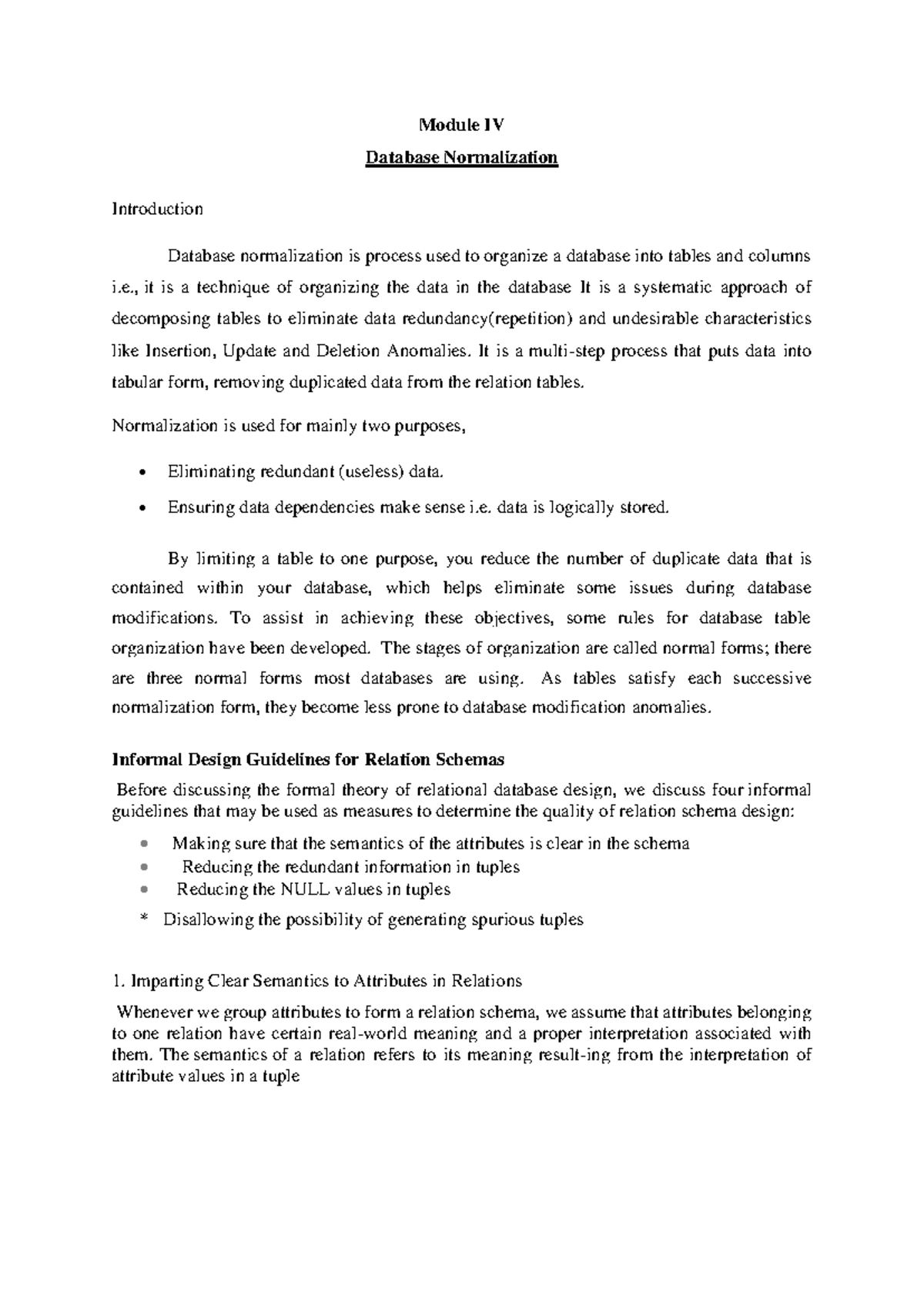 Module IV - Database Normalization Notes for Study - Studocu