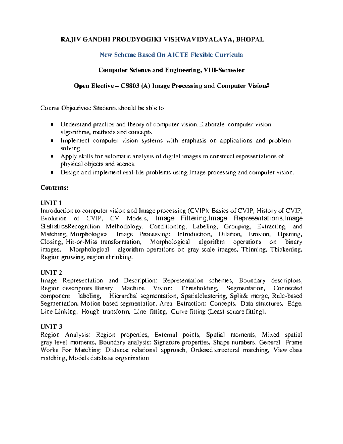 CS-803 (A) Image Processing & Computer Vision: Course Overview & Objectives - Studocu