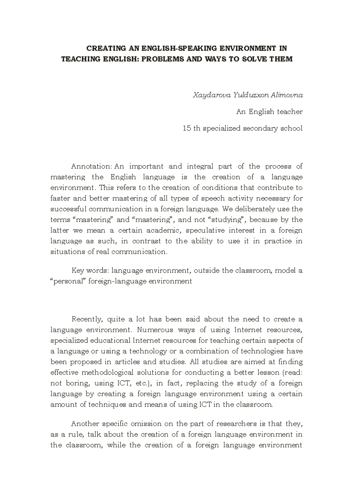 Creating an English Language Environment: Challenges & Solutions (ENG ...