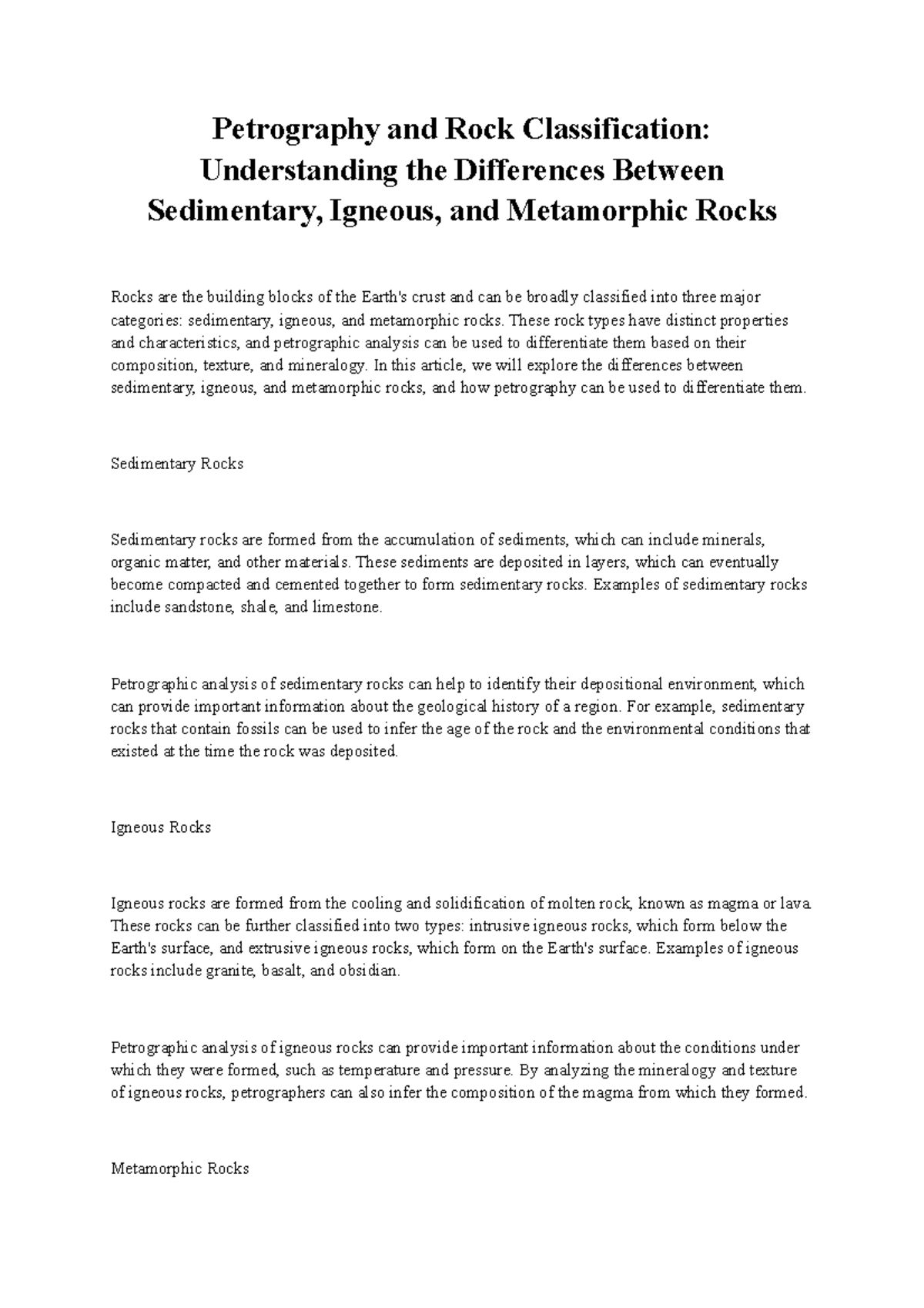 Petrography and Rock Classification: Sedimentary, Igneous, Metamorphic ...