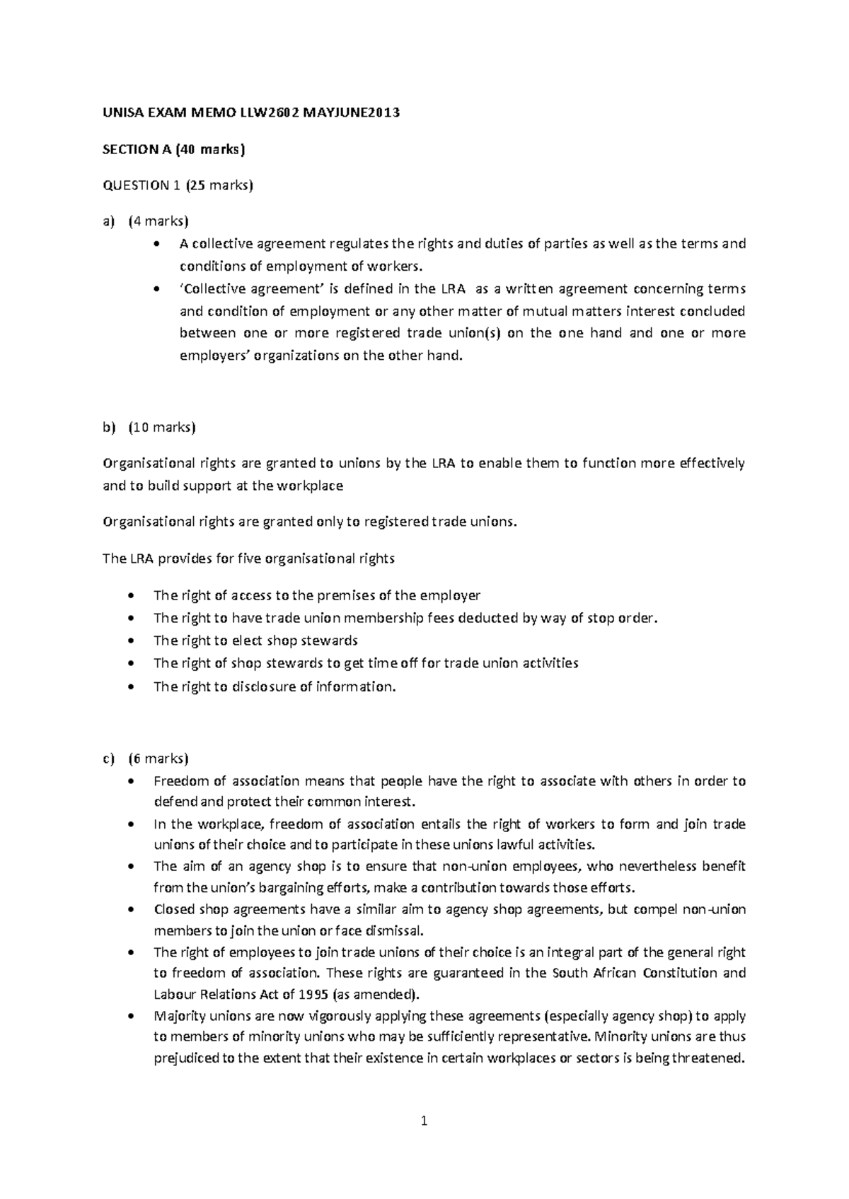 Unisa Exam Memo for LLW2602 May/June 2013: Topics on Labour Relations ...