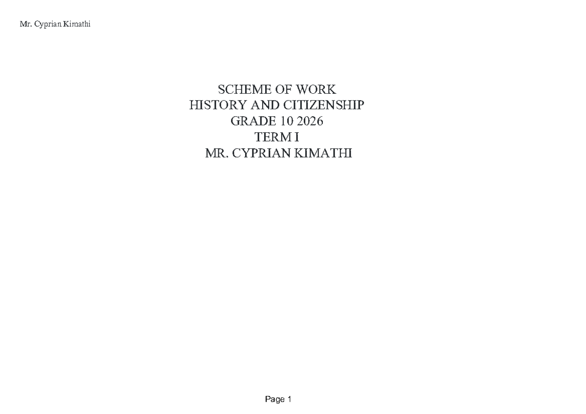 MTP History and Citizenship Grade 10 Term I Scheme of Work - Studocu