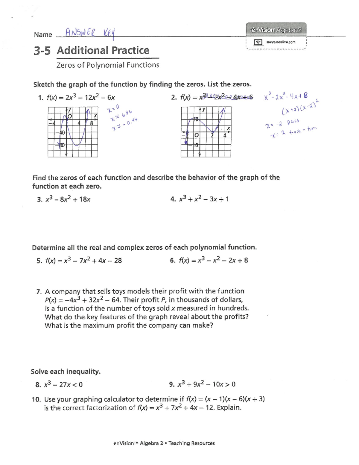 Answer Key for HA2 - 3-5: Zeros of Polynomial Functions - Studocu