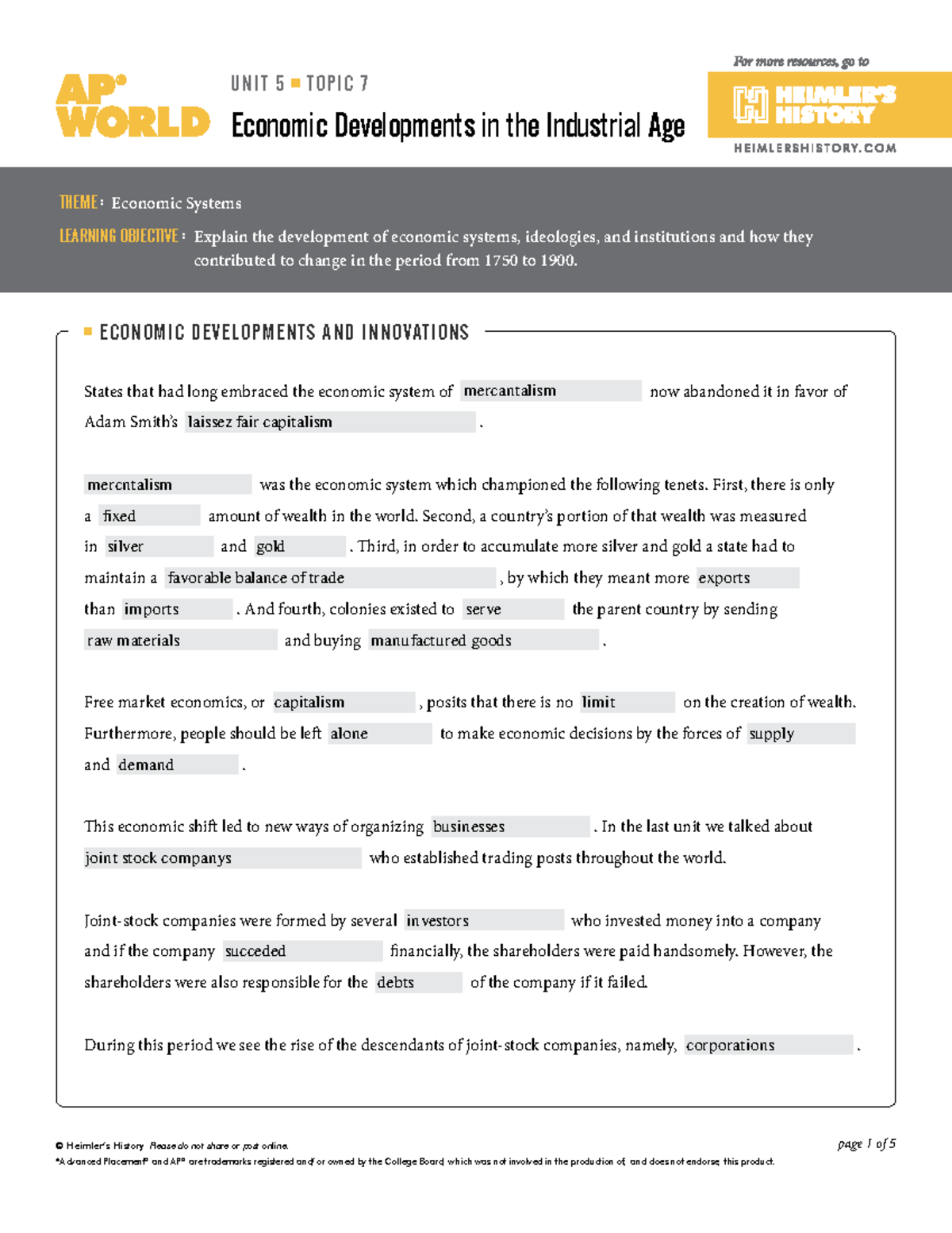 Unit 5.7 Economic Systems: Economic Developments & Innovations Guide ...