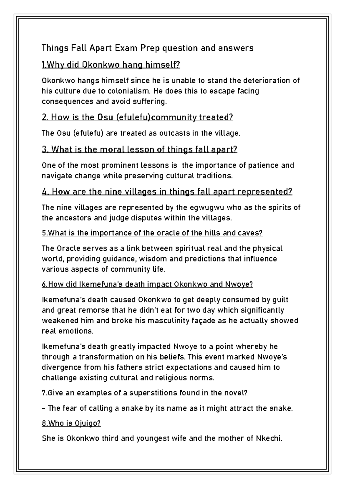 Things Fall Apart Exam Prep Q&A: Key Insights & Analysis - Studocu