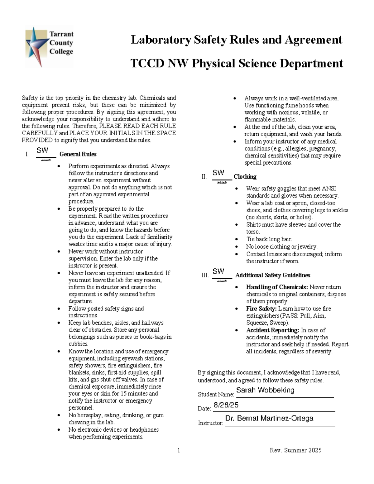 TCCD NW Physical Science Lab Safety Agreement - Summer 2025 - Studocu