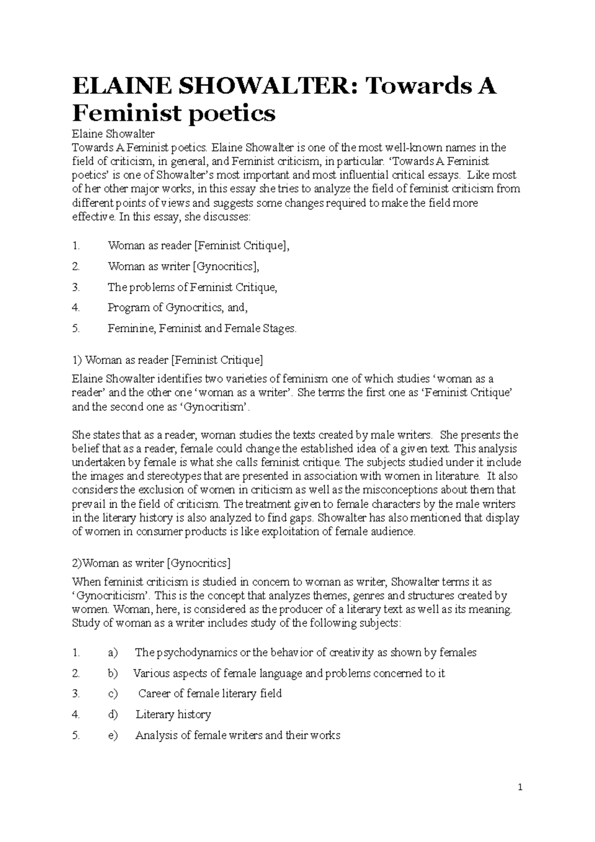 ELAINE SHOWALTER: Analyzing Feminist Poetics in Literature - Studocu