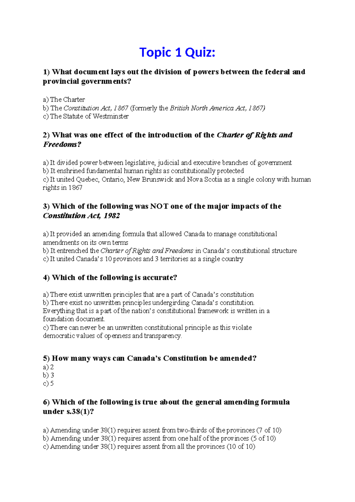 Topic 1 Quiz: Understanding Canada's Constitution and Rights - Studocu