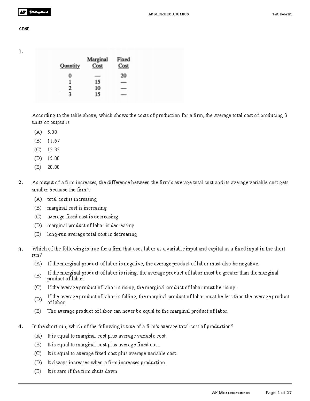 AP MICROECONOMICS Test Prep: Understanding Costs and Production - Studocu