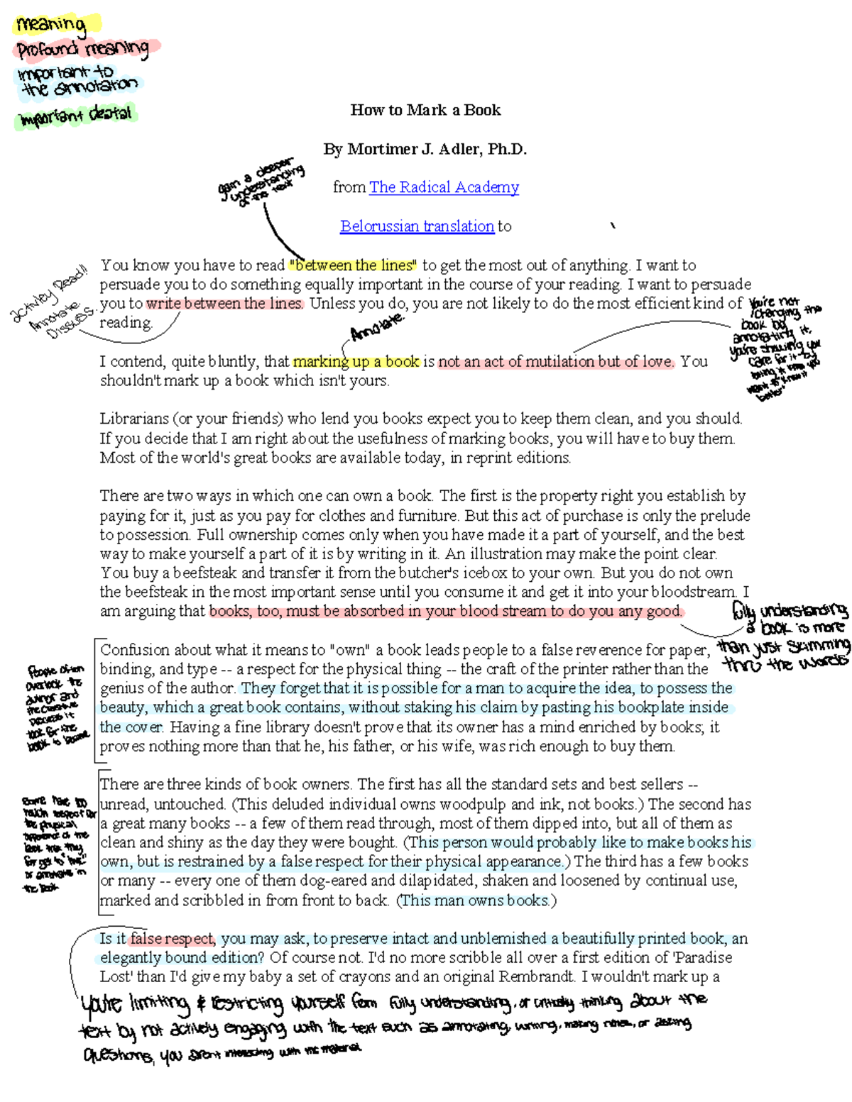 How to Mark a Book: Annotated Insights from Adler's Essay - Studocu