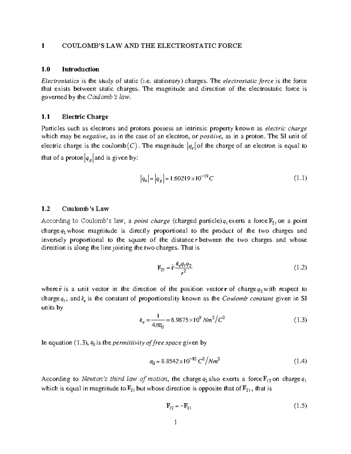 1. Coulomb's Law and Electrostatic Force - 1 COULOMB’S LAW AND THE ...