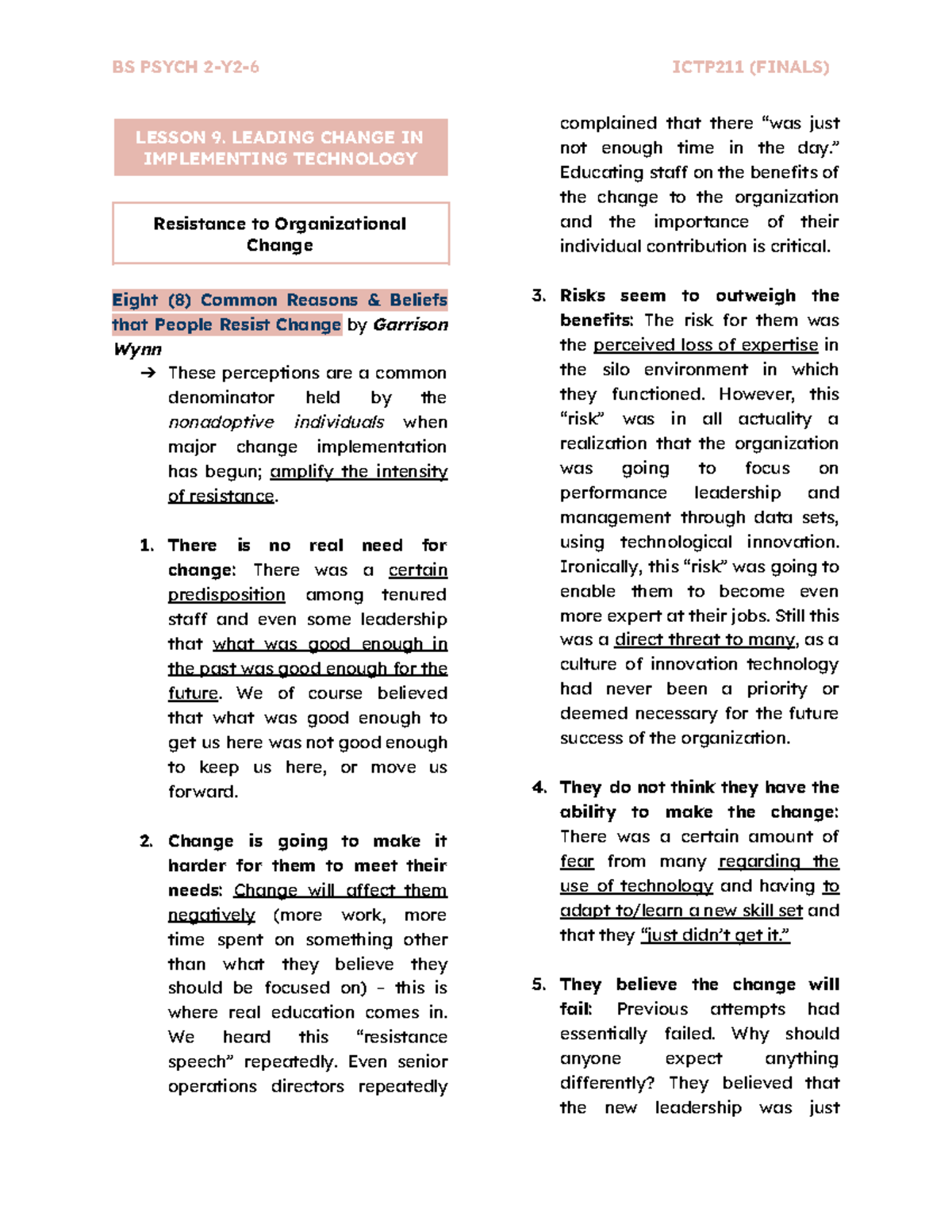 BS PSYCH ICTP211 (FINALS) LESSON 9: OVERCOMING RESISTANCE TO CHANGE IN ...