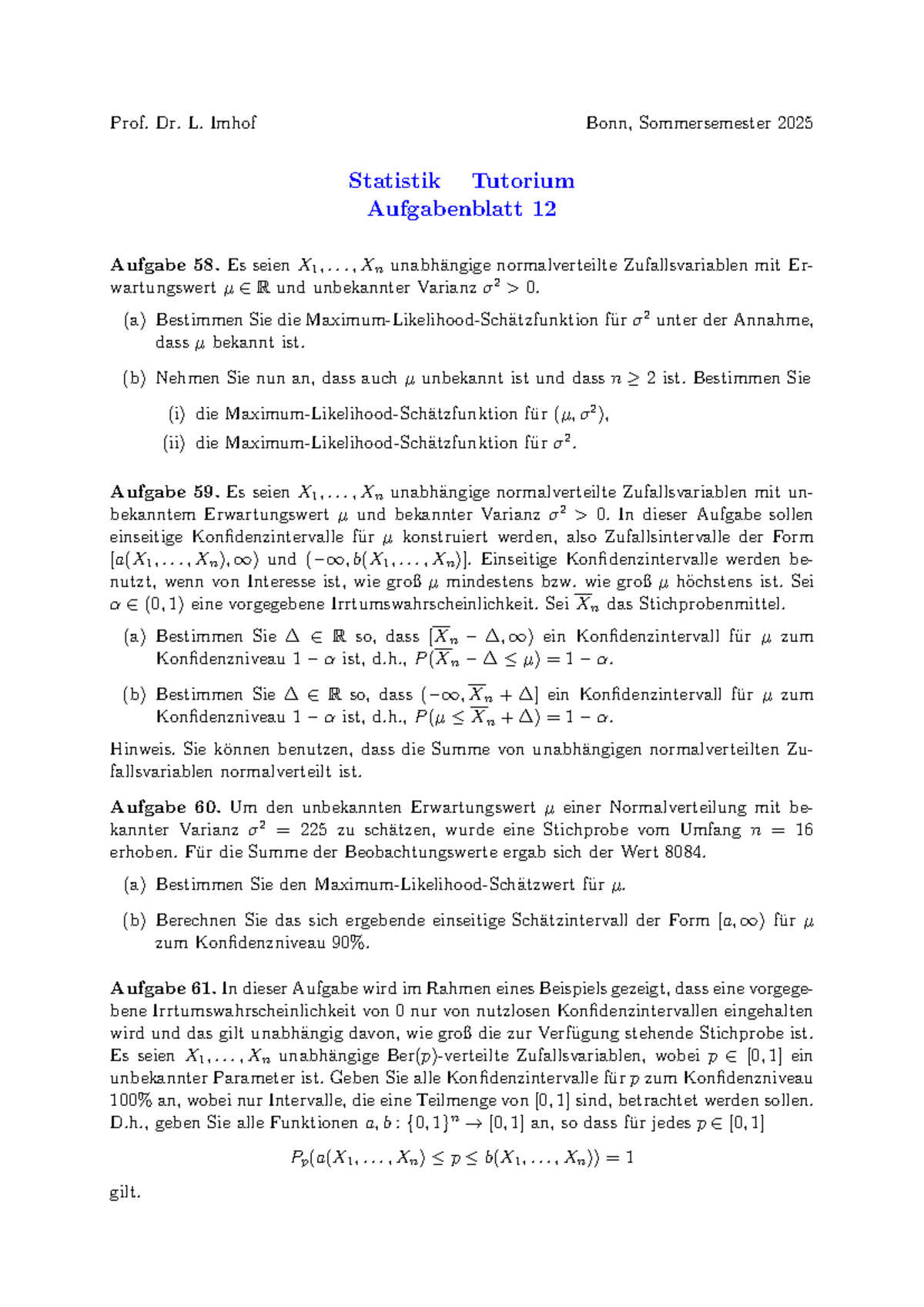 Tutorium 12 - Statistik Aufgabenblatt 58-61, Prof. Dr. L. Imhof - Studocu