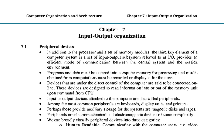 Computer Organization and Architecture (COA) Chapter 7: I/O ...