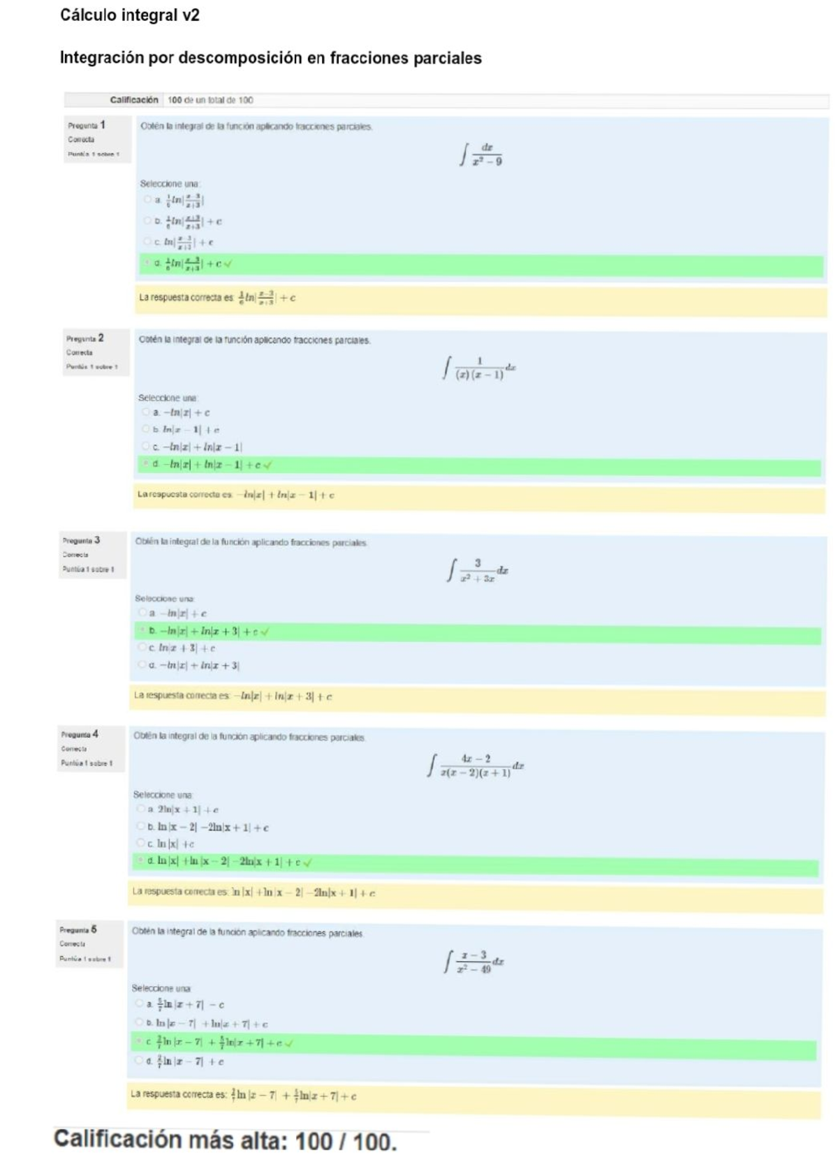 Cuestionario - Cálculo integral v2 Integración por descomposición en fracciones parciales - Studocu