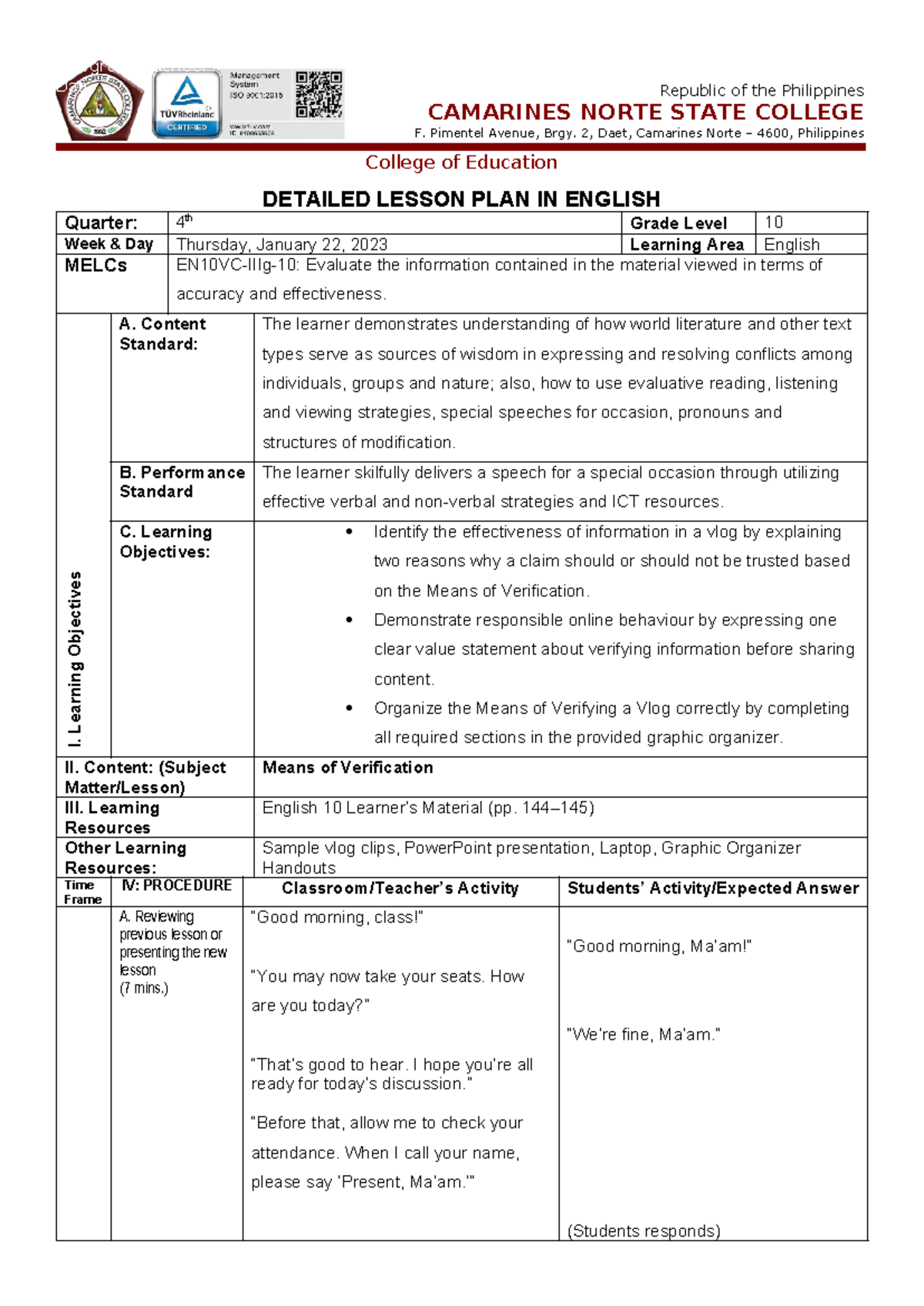 DLP-ENGLISH 10: Detailed Lesson Plan on Means of Verification - Studocu