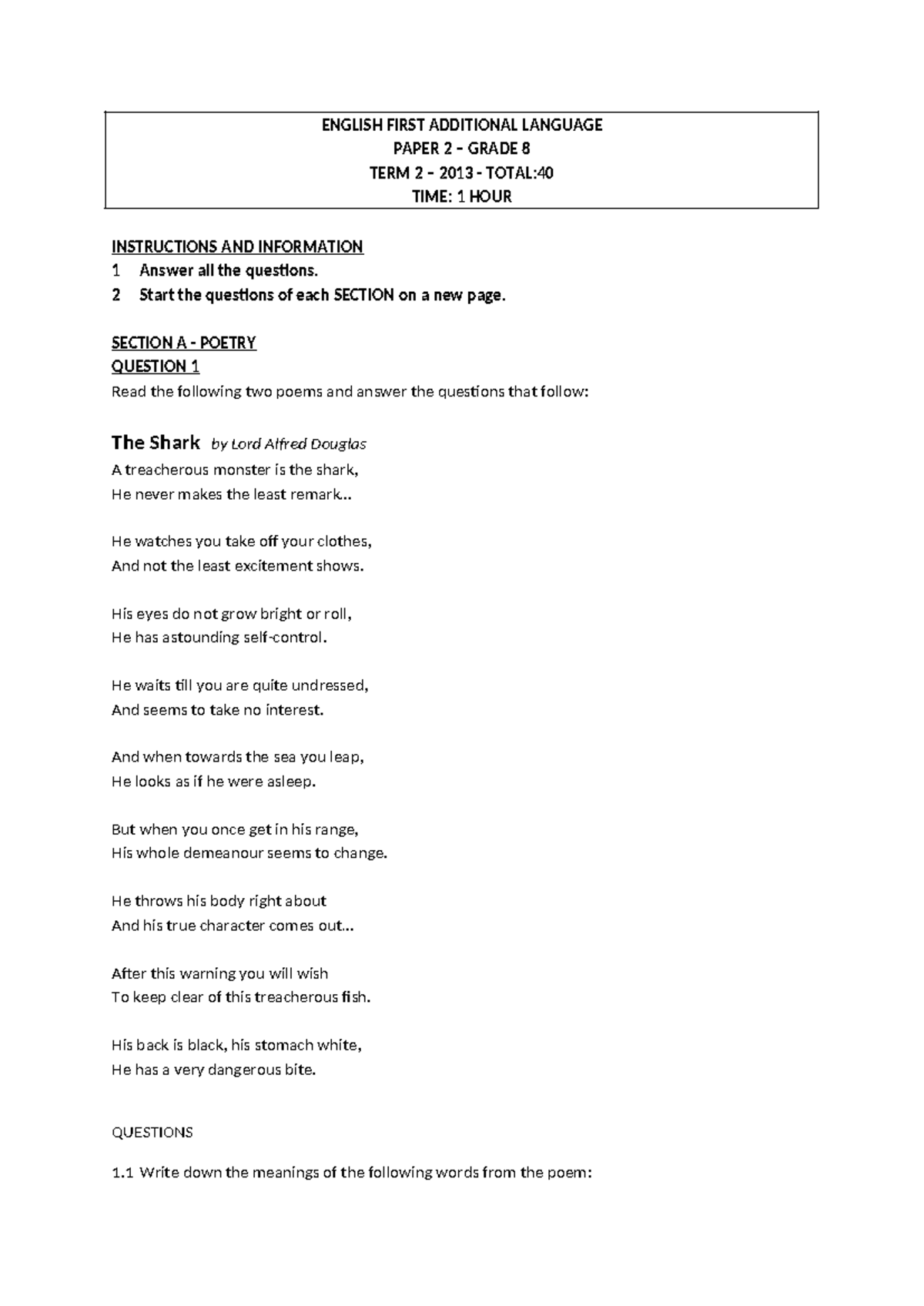 EFAL GR8 P2 JUNE 2013 - Poetry and Comprehension Notes - Studocu