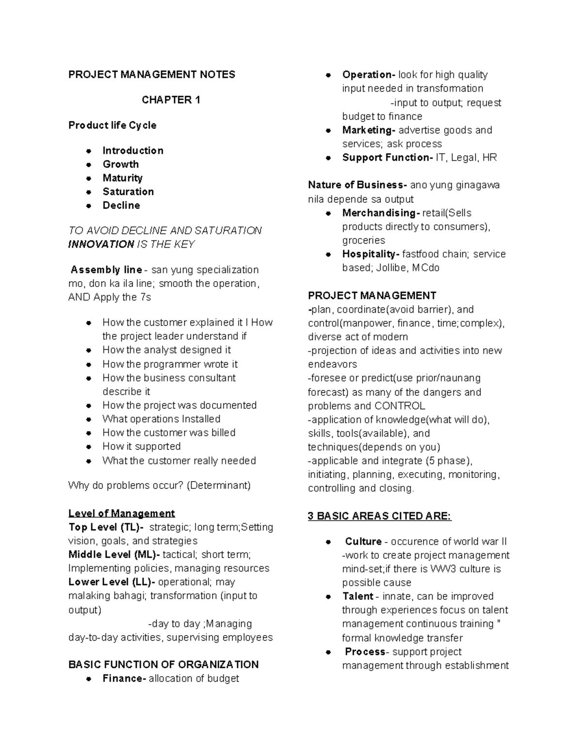 Project Management Notes - PROJECT MANAGEMENT NOTES CHAPTER 1 Product ...