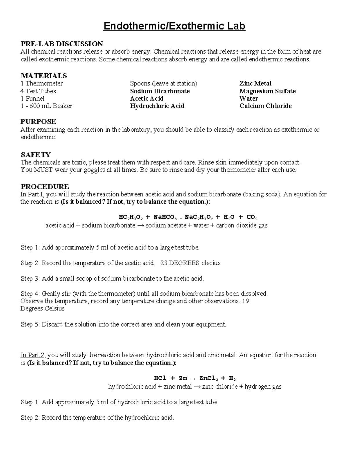 Endothermic/Exothermic Reactions Lab (CHEM 101) - Observations ...