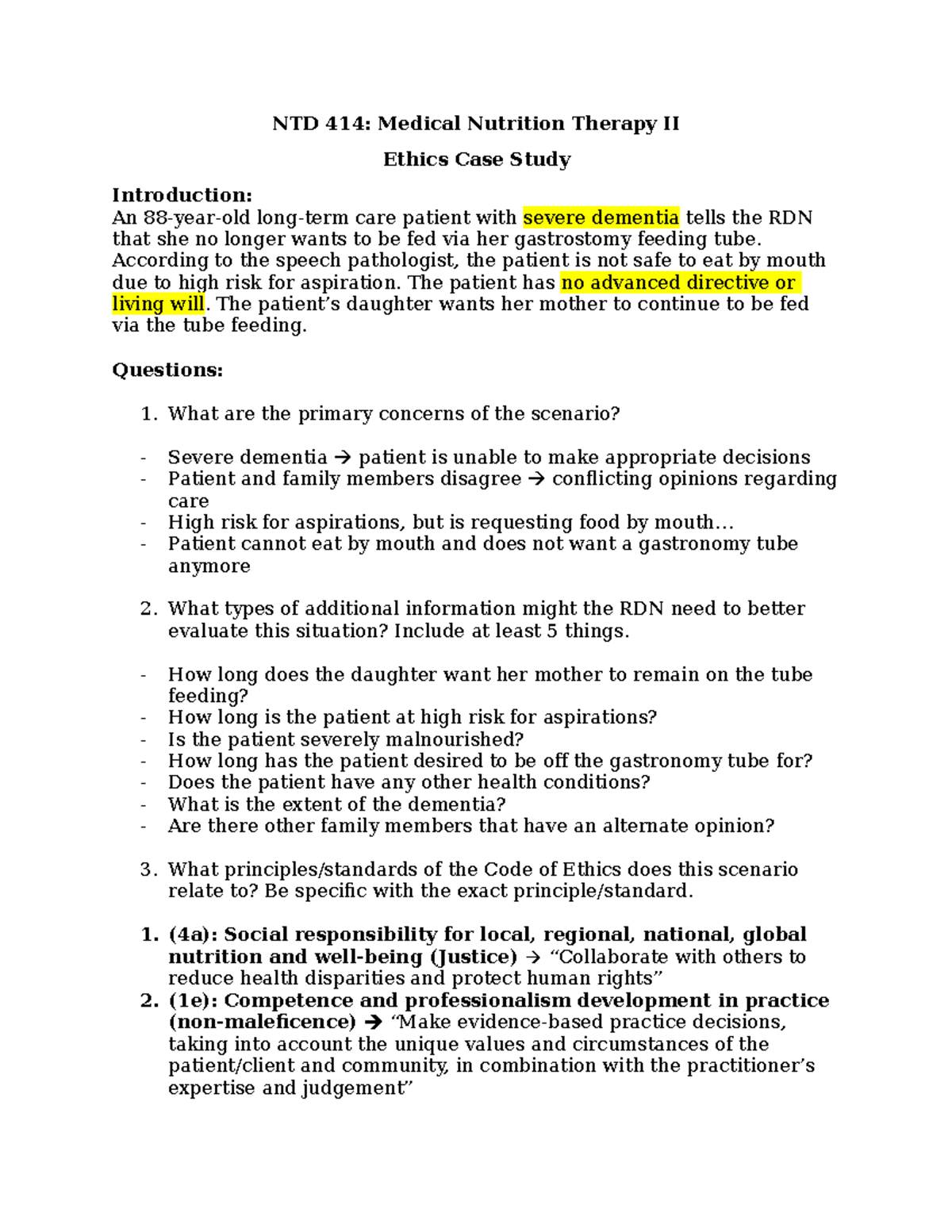 NTD 414 Ethics Case Study: Decision-Making in Patient Care - Studocu