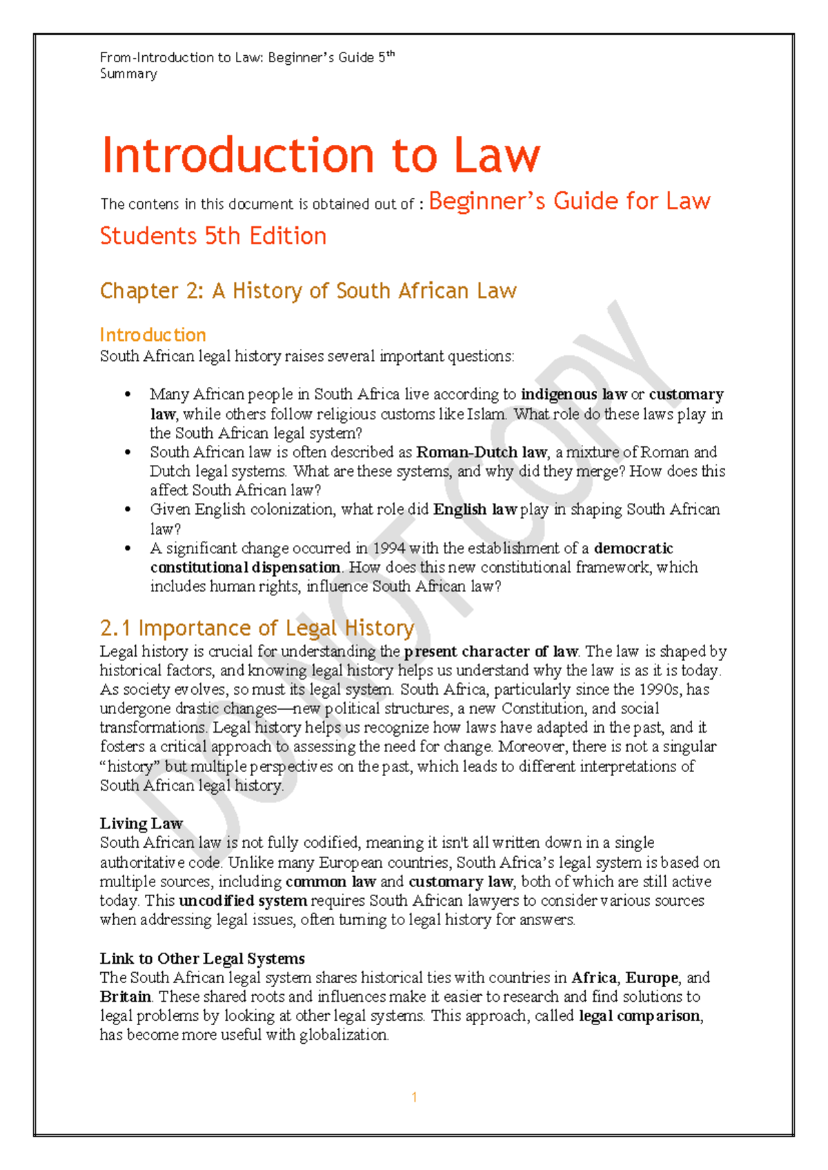 LAW 101: Chapter 2 Summary - A History of South African Law - Studocu