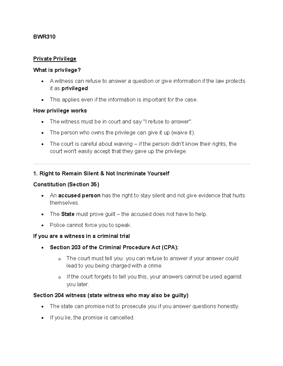 BWR310 Final Exam Notes on Legal Privilege and Rights - Studocu