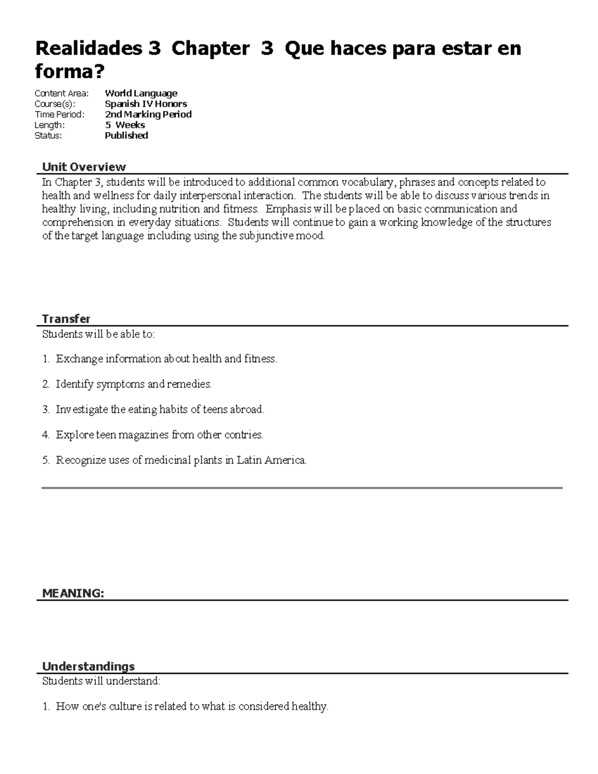 Unit Realidades 3 Chapter 3 Que haces para estar en forma 2023012004 ...