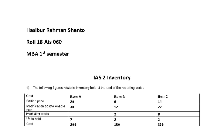 IAS 2 Inventory Valuation: Understanding Costs and NRV - Studocu