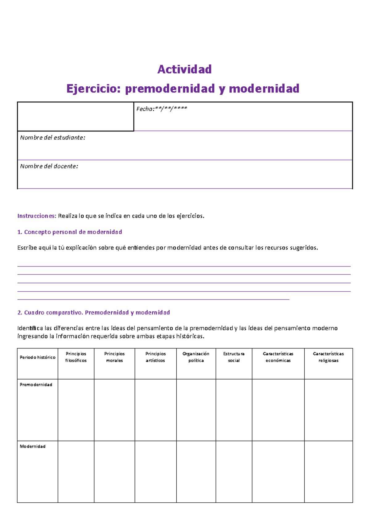 Actividad 1: Ejercicio sobre Premodernidad y Modernidad - Studocu