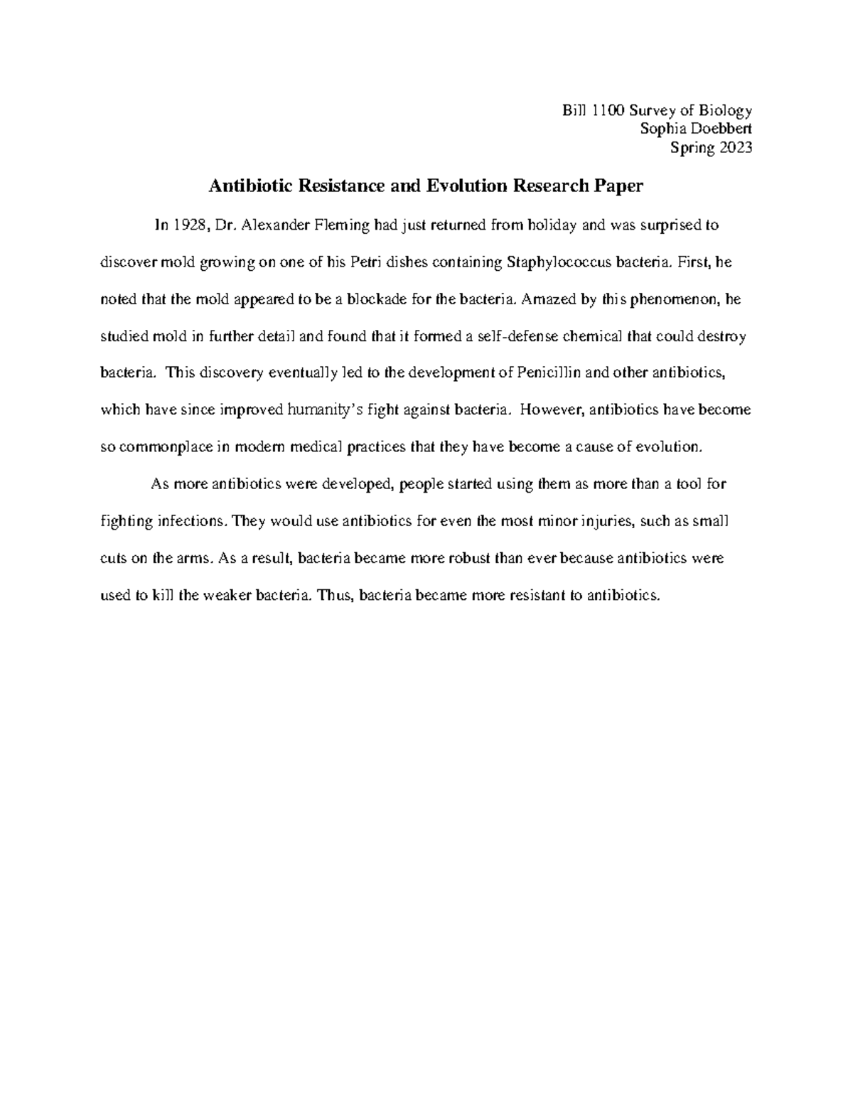 Antibiotic Resistance and Evolution Research Paper - Alexander Fleming ...