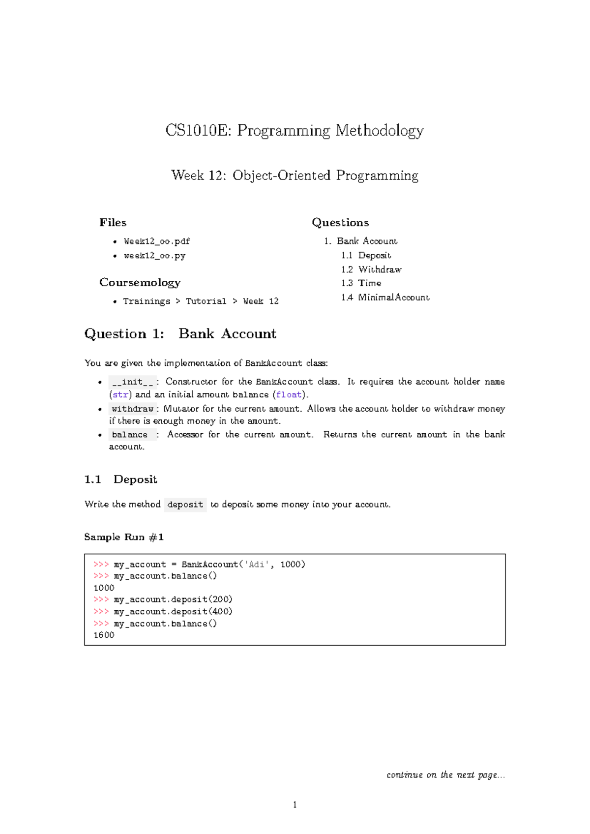 Week12 oo - lecture notes - CS1010E: Programming Methodology Week 12 ...