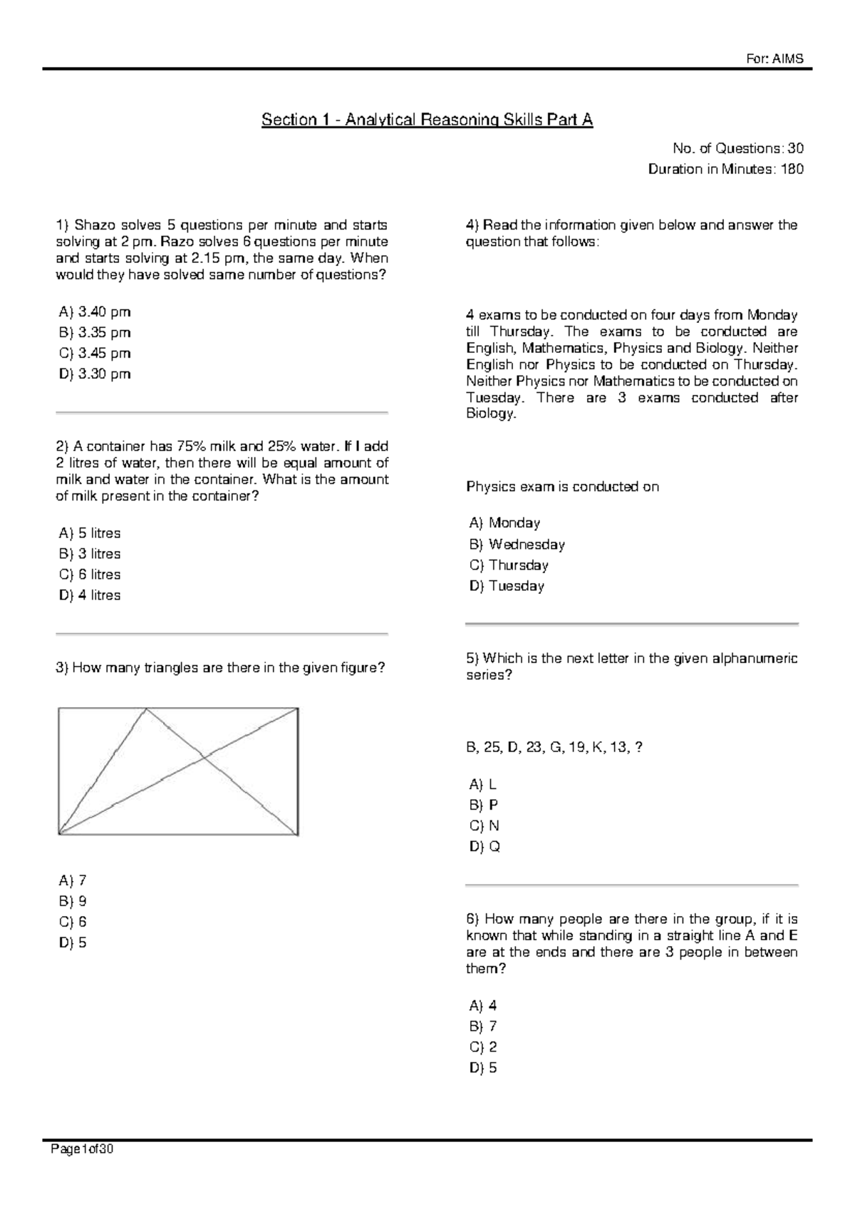 Analytical GAT Exam Sample Questions for AIMS Section 1 - Studocu