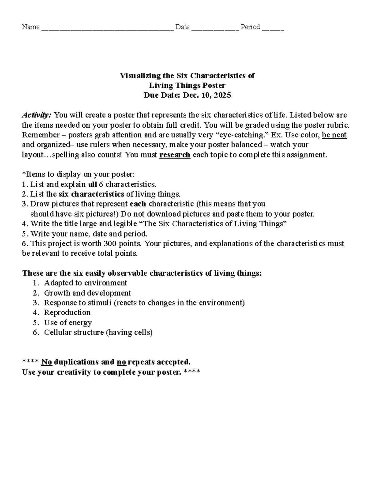 Characteristics of Living Things Poster Project (Due Dec. 10, 2025 ...