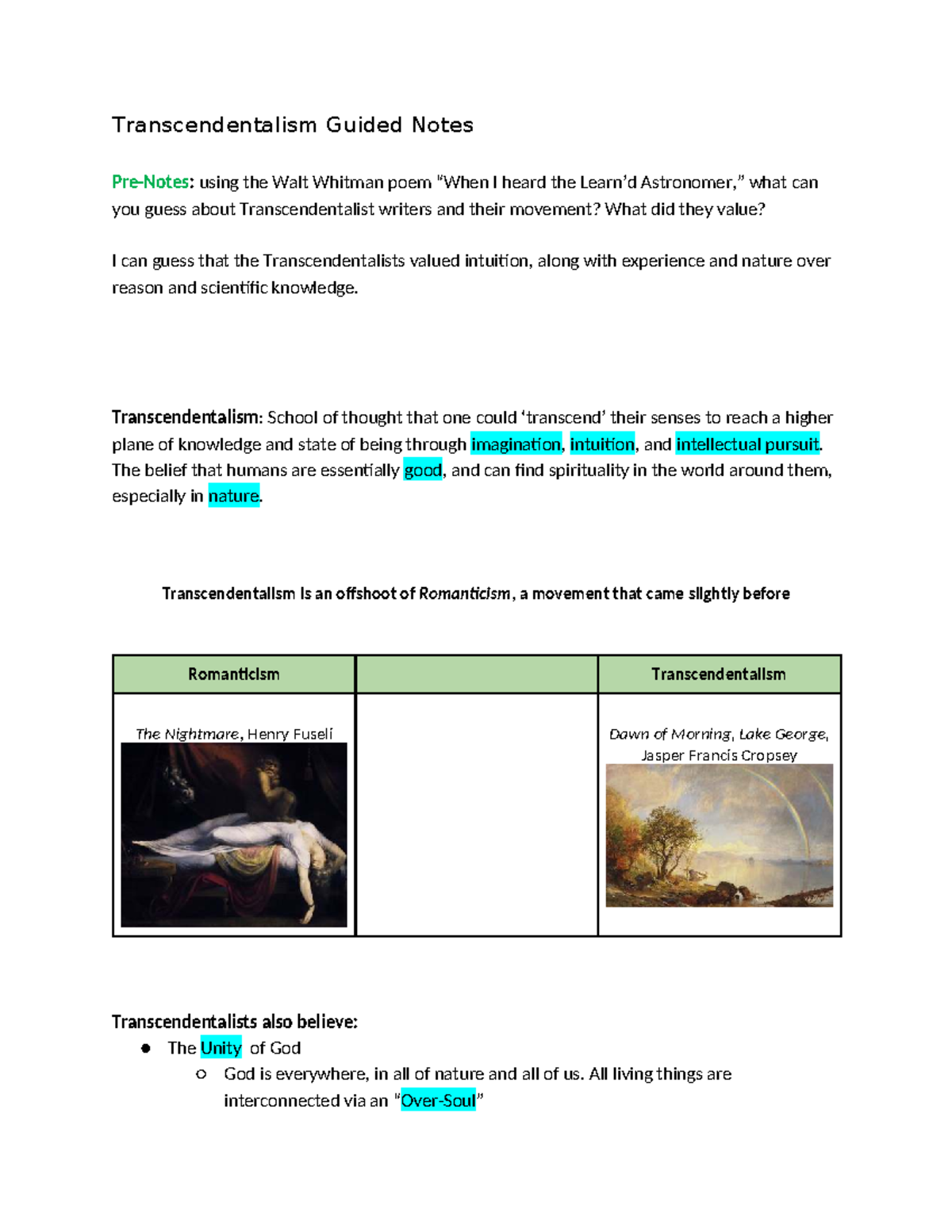 Transcendentalism guided notes: insights from Walt Whitman's poetry ...