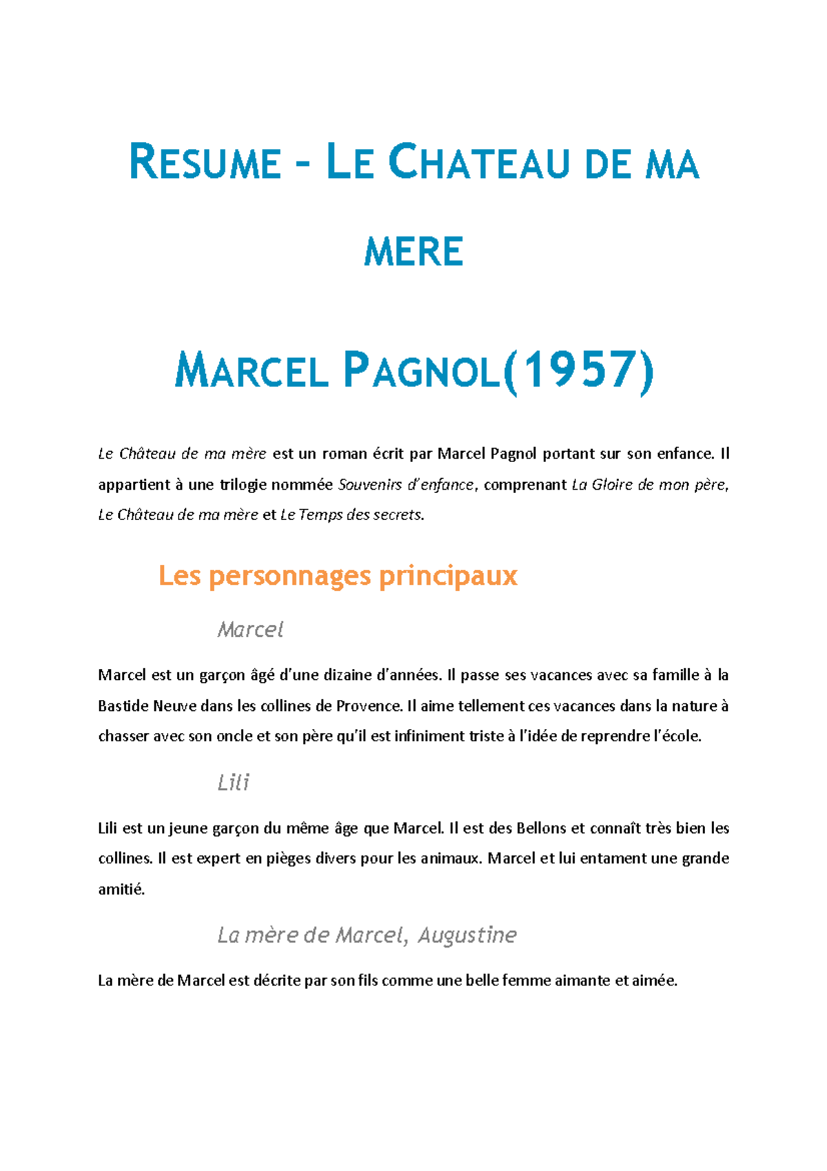 Analyse du roman Le Château de ma mère par Marcel Pagnol - Studocu