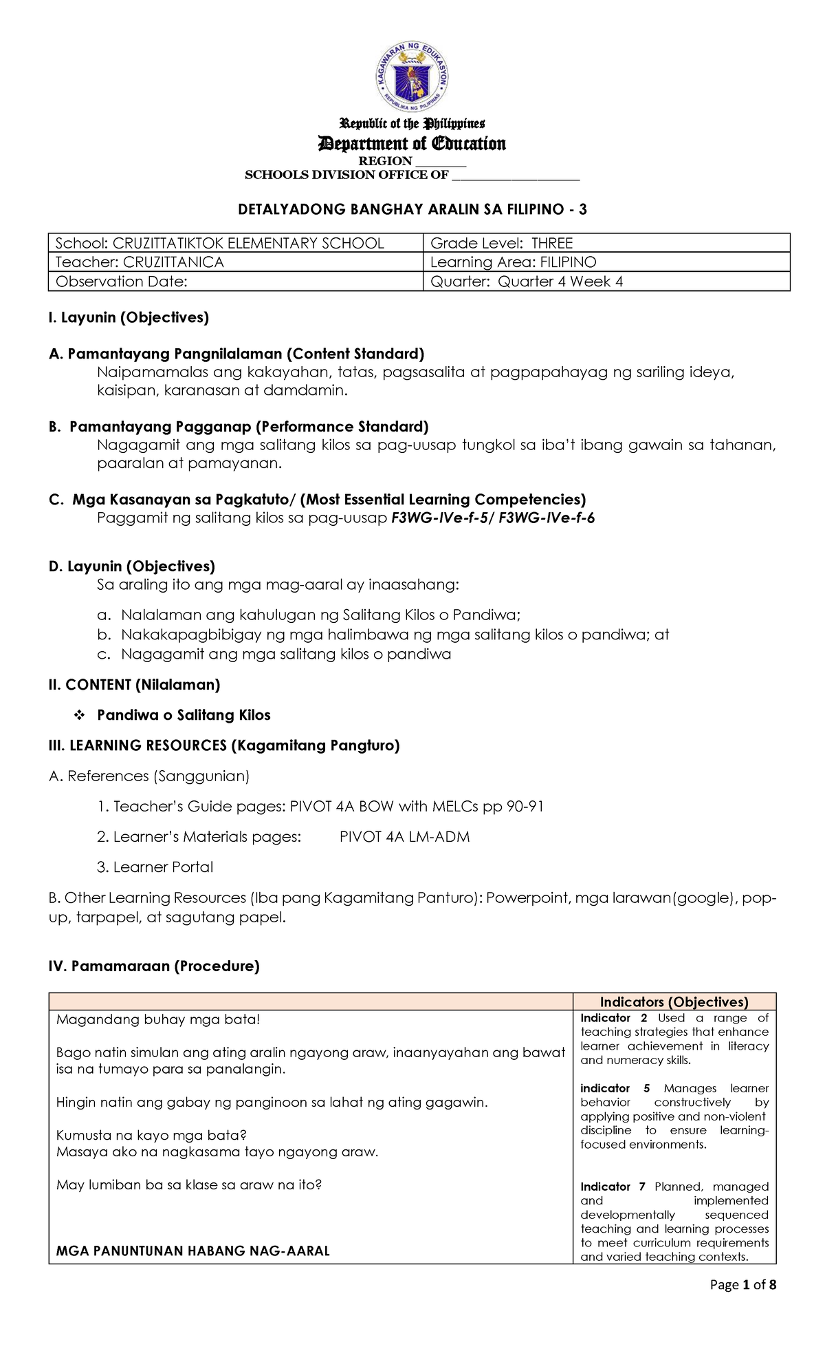 Sample deped format - Department of Education REGION ______ SCHOOLS ...