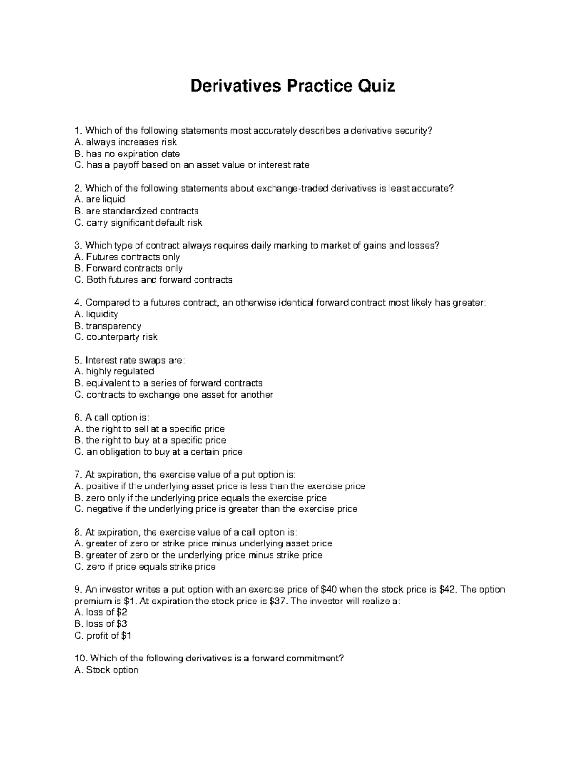 Derivatives Practice Quiz 1: Concepts & Answer Key - Studocu