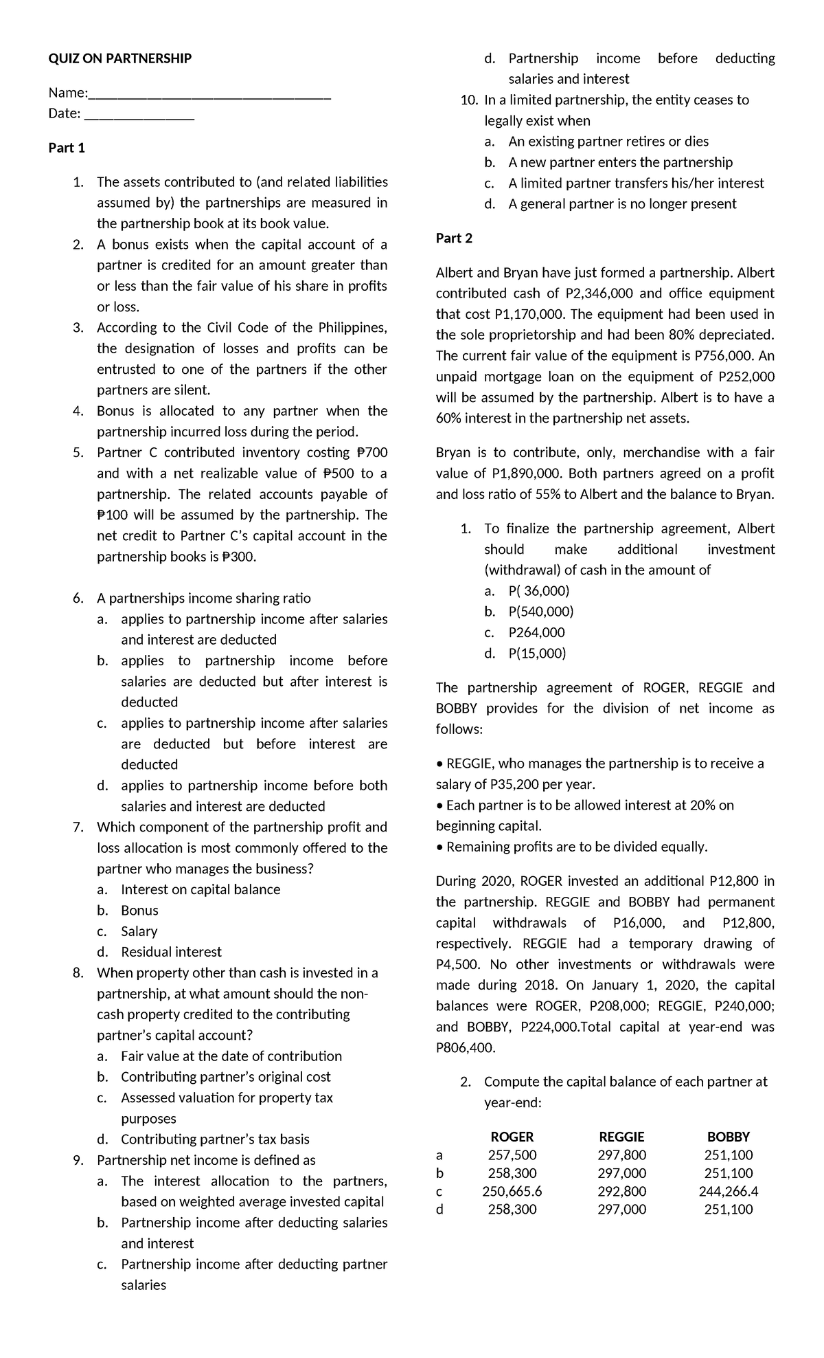 Quiz on Partnership Income and Capital Contributions (AFAR) - Studocu