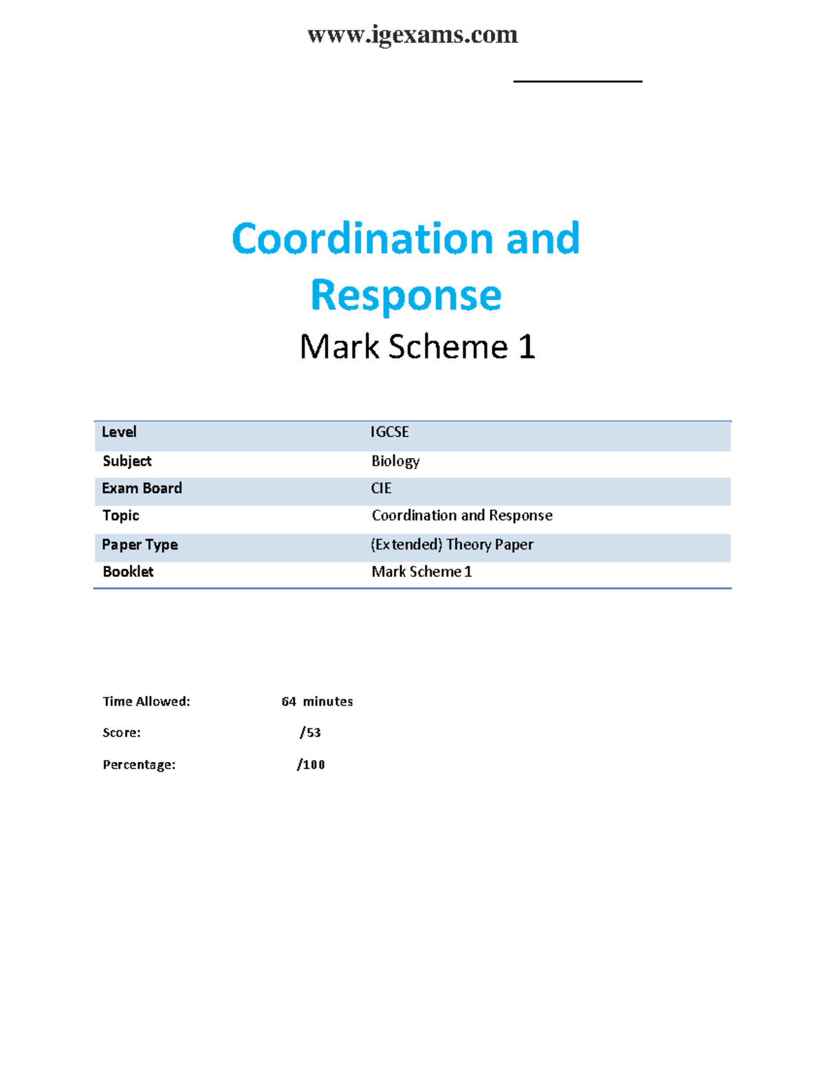 Coordination and Response Mark Scheme IGCSE Biology (Extended) - Studocu