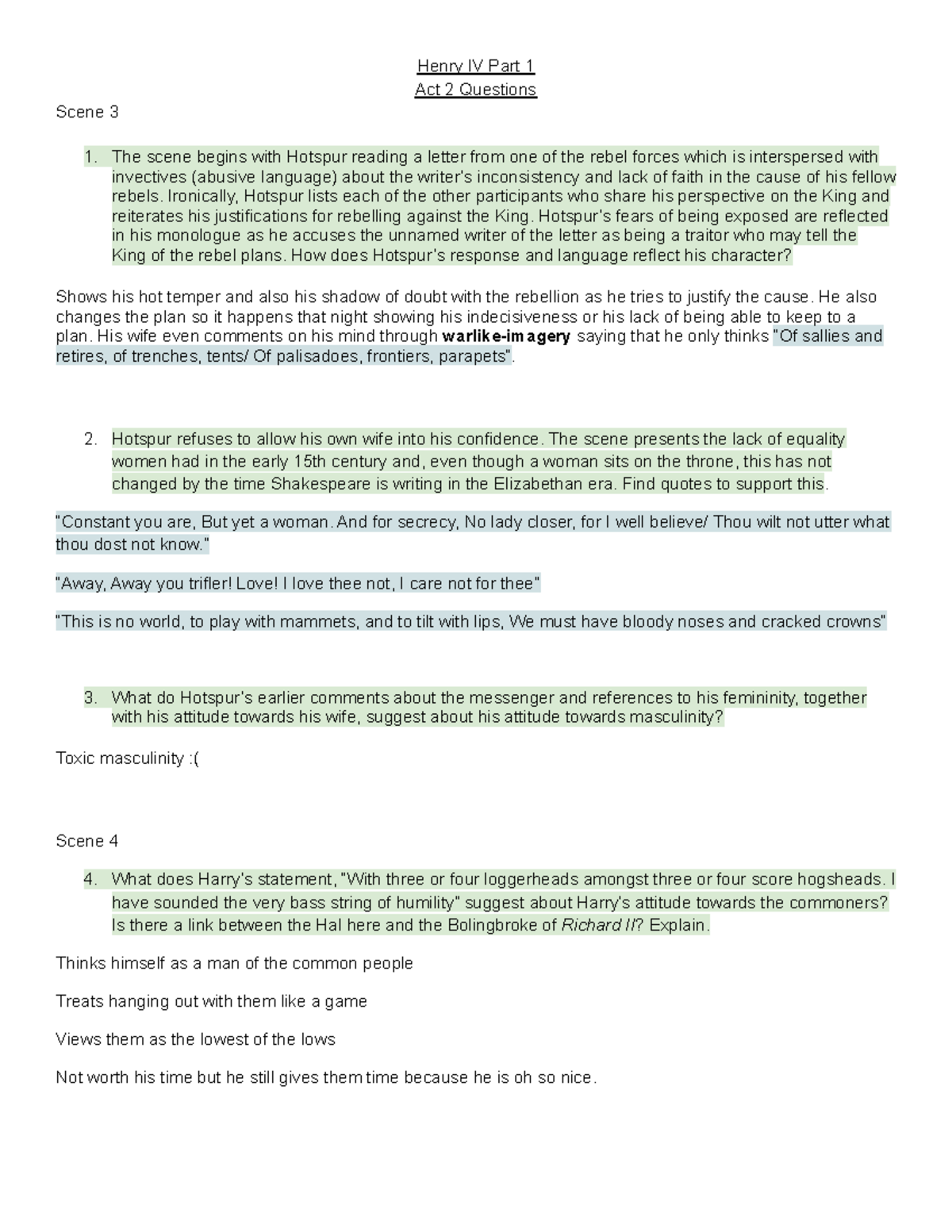 Henry IV Part 1 - Act 2 Questions Analysis - English Adv HSC - Studocu