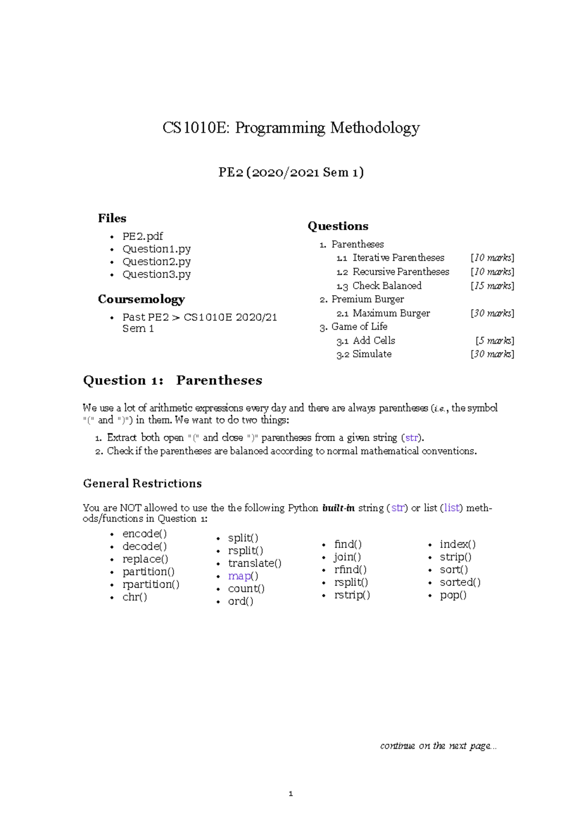 202000 PE2 - PE2 - CS1010E: Programming Methodology PE2 (2020/2021 Sem 1) Files PE2 Question1 ...