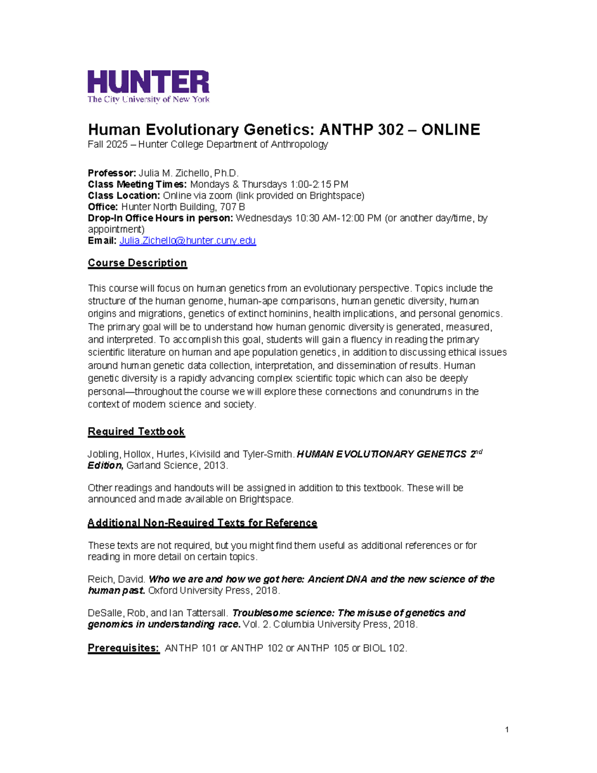 Human Evolutionary Genetics Syllabus: ANTHP 302 ONLINE Fall 2025 - Studocu