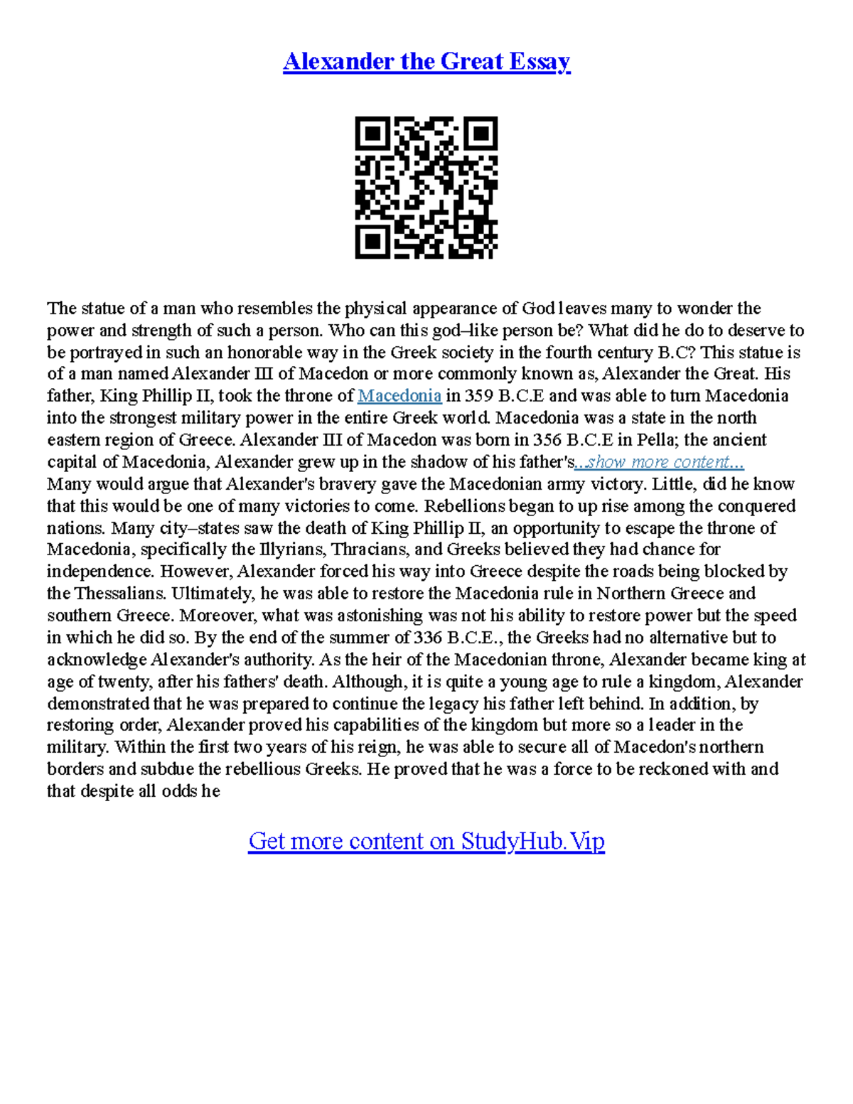 Alexander the Great: Essays on His Life and Leadership (HIST 101) - Studocu