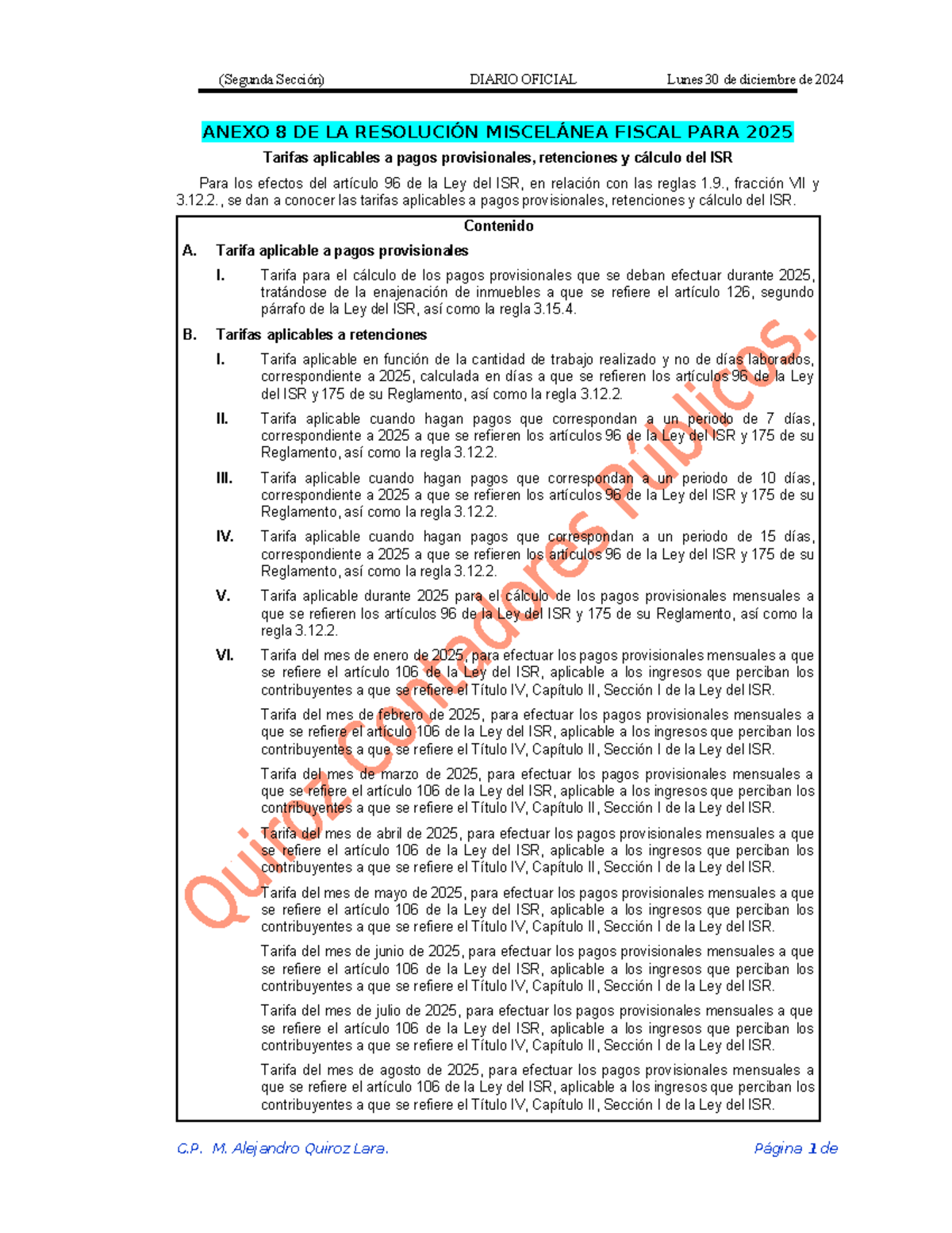 Tarifas ISR para Pagos Provisionales en RMF 2025 - Anexo 8 - Studocu