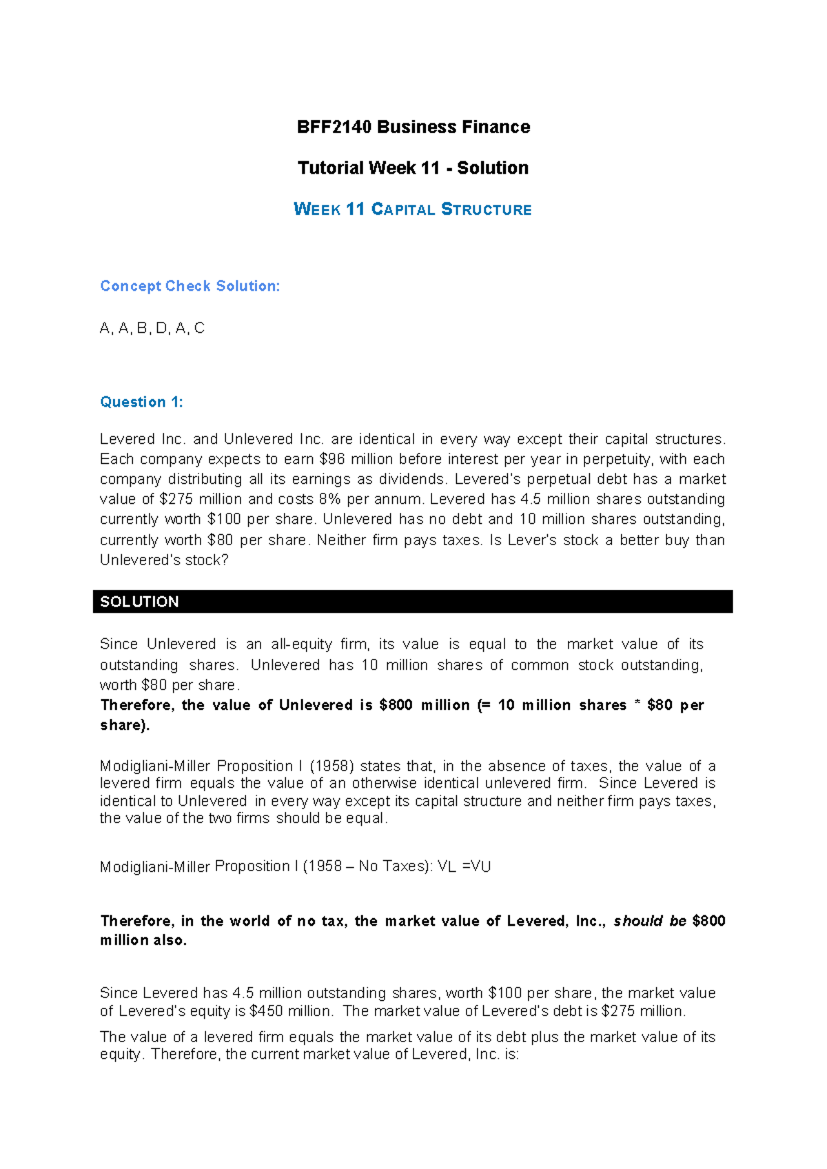 BFF2140 Business Finance Week 11 Tutorial Solutions on Capital ...