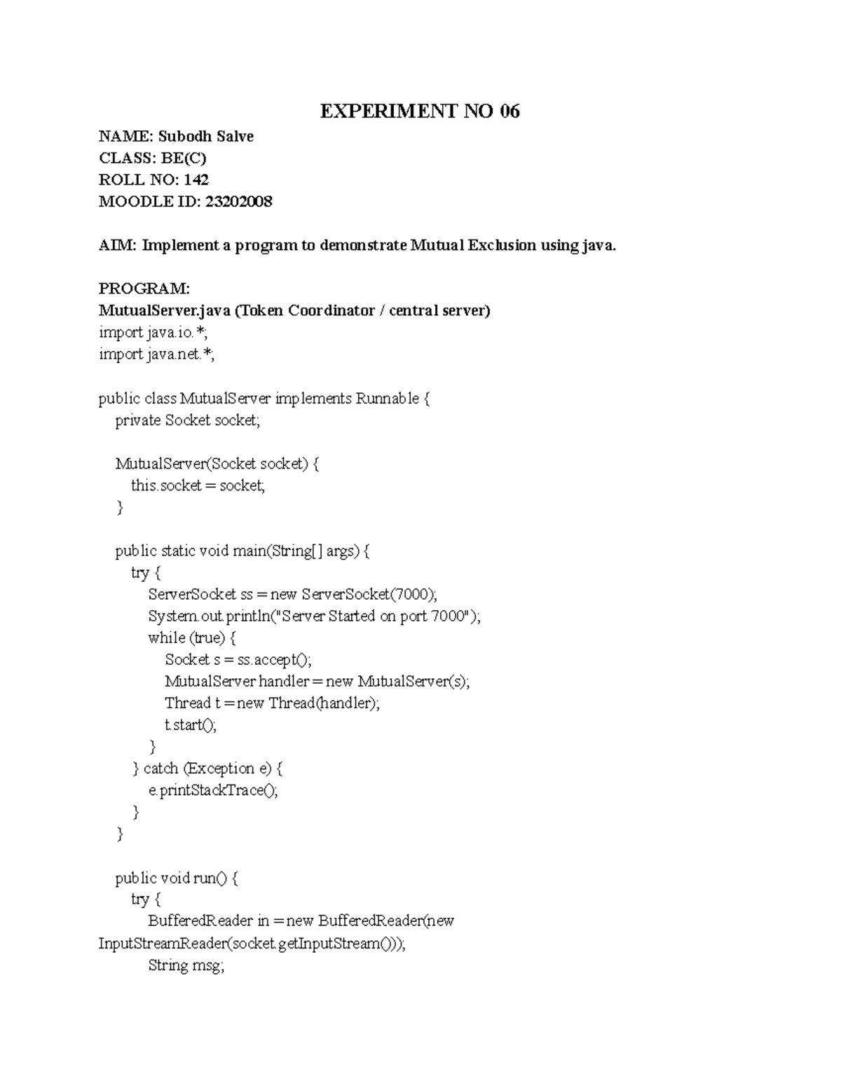 BE(C) Experiment No 06: Java Mutual Exclusion Implementation - Studocu