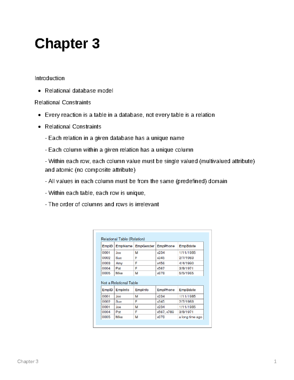 Chapter 3 - Chapter 3 Introduction Relational database model Relational Constraints Every ...